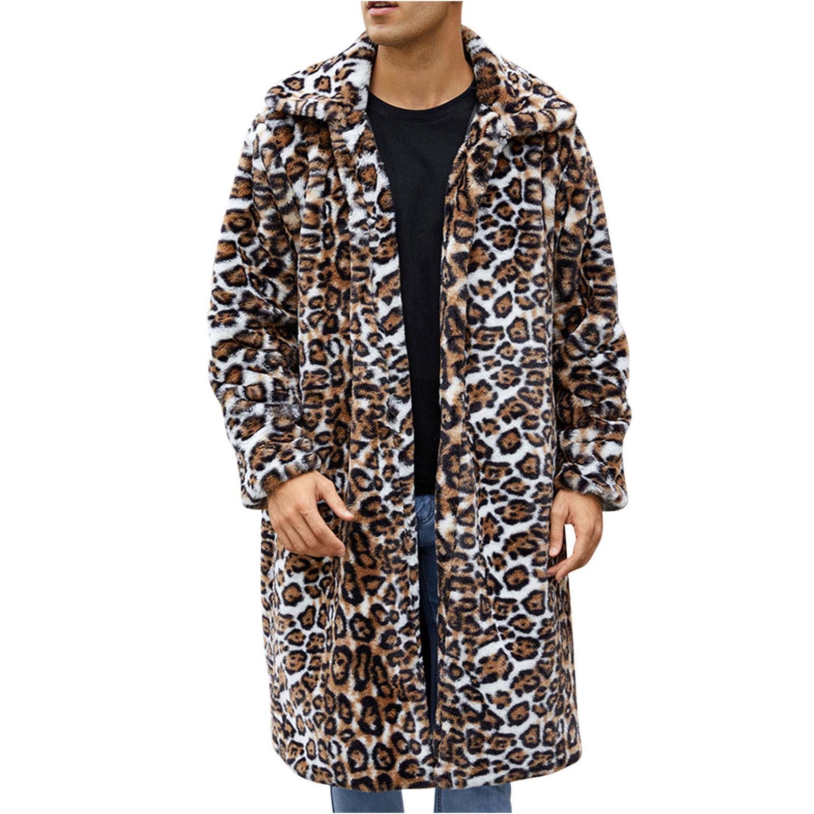Ptauao Long Faux Fur Coat for Men Leopard Print Faux Fur Coat Winter ...