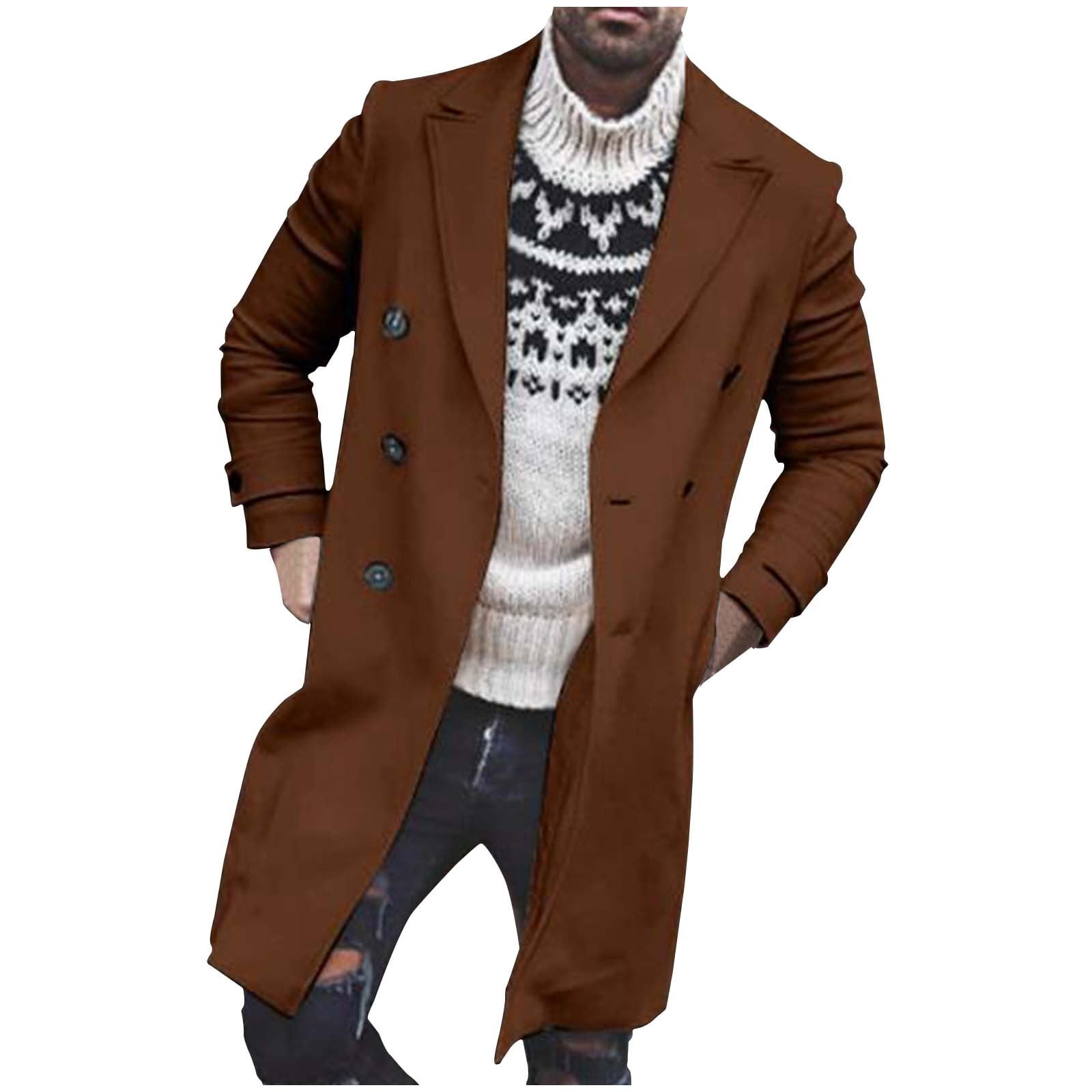 Ptauao Men's Wool Blend Trench Coat Double Breasted Slim Fit Winter ...