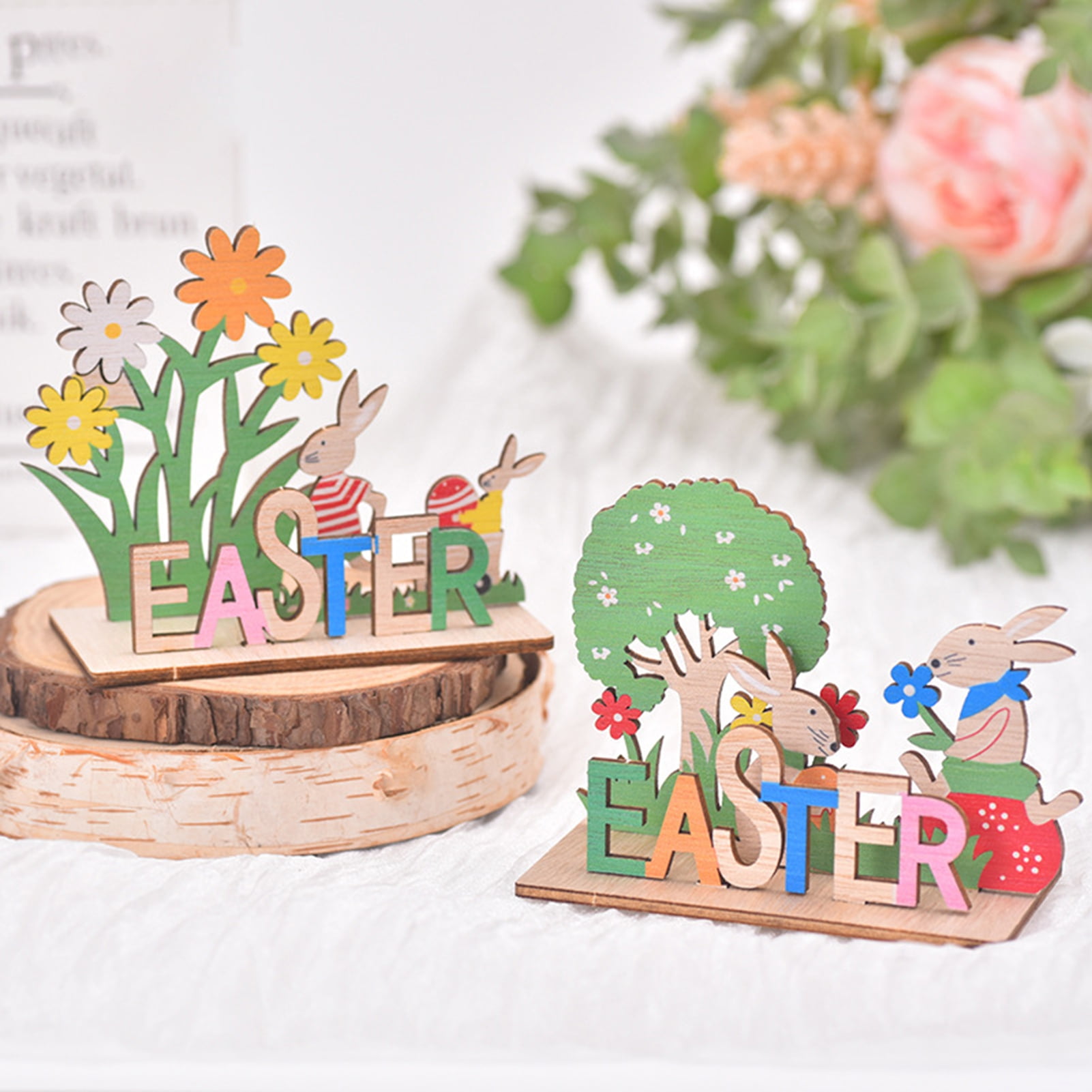 Ptetnvg Easter Table Centerpieces Ornament Handcrafted Wooden Easter Ornament with Rabbit Floral ...