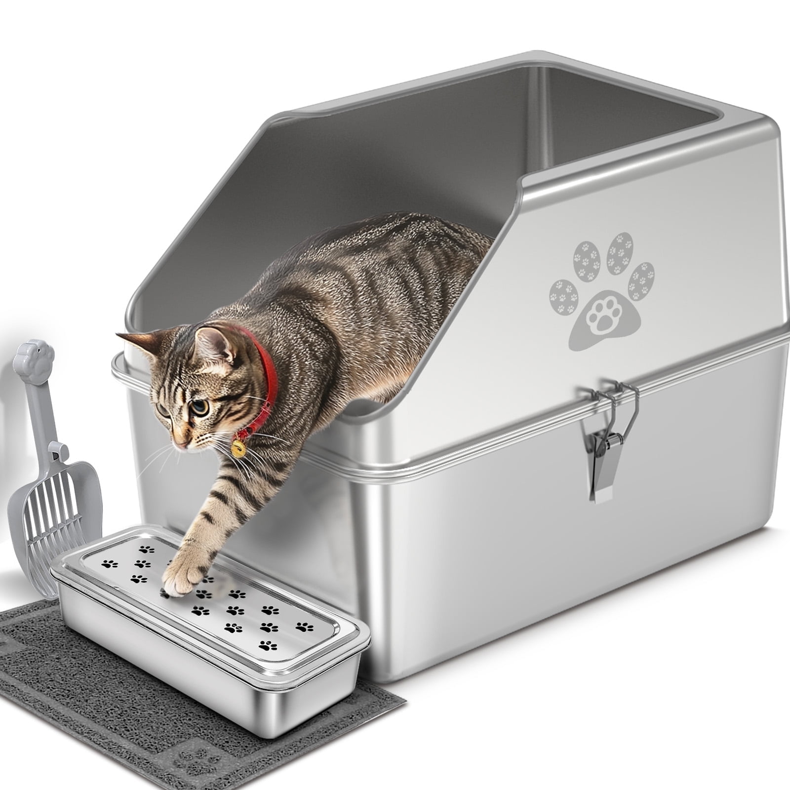 Ptlom Stainless Steel Cat Litter Box Large Metal Litter Box High Side ...