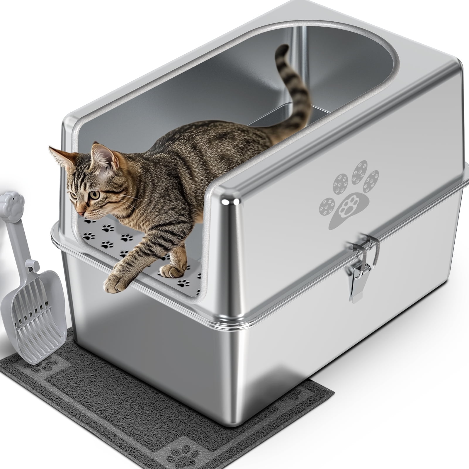 Ptlom Stainless Steel Litter Box with Lid Extra Large Cat Litter Box ...