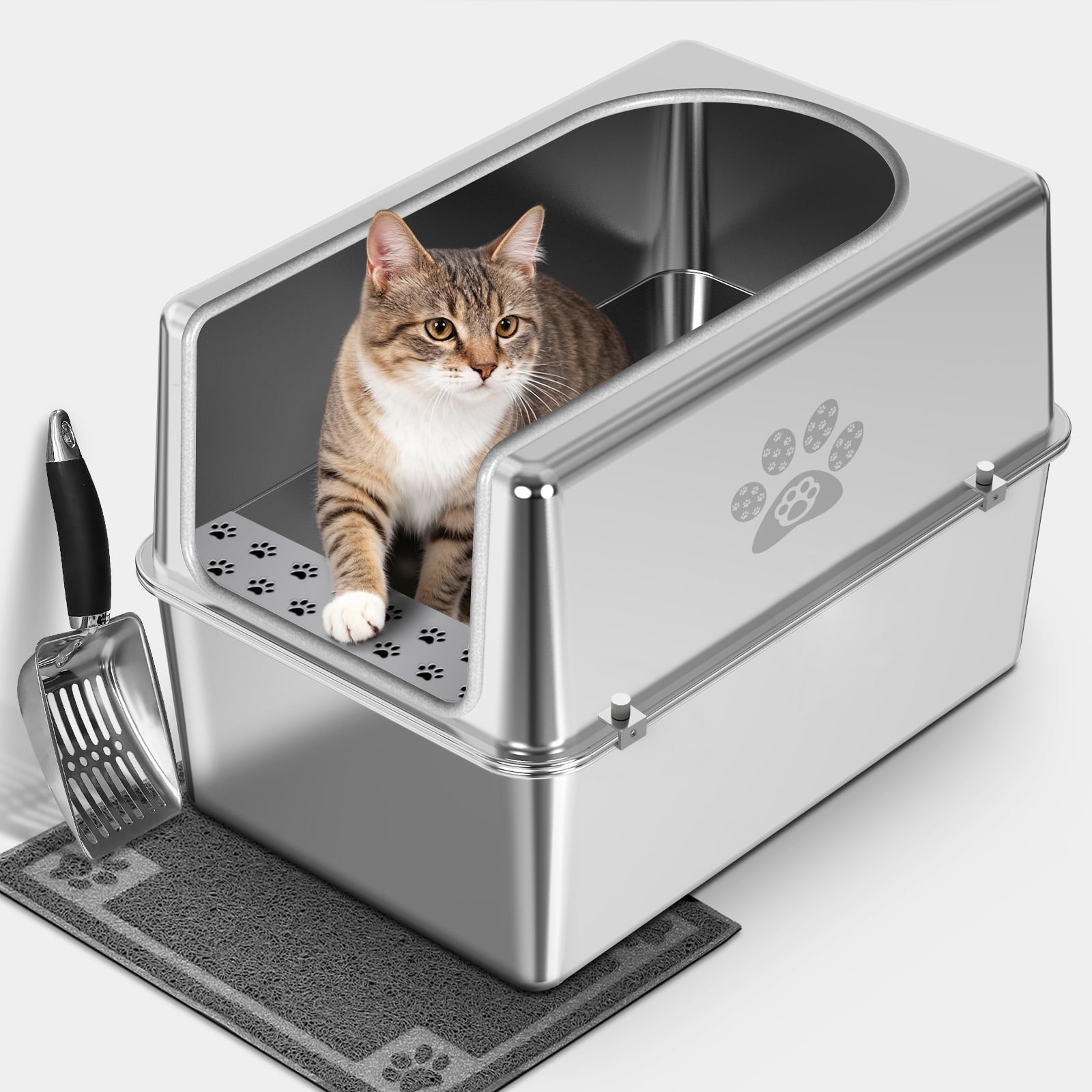 Ptlom Stainless Steel Litter Box with Lid Extra Large Cat Litter Box ...
