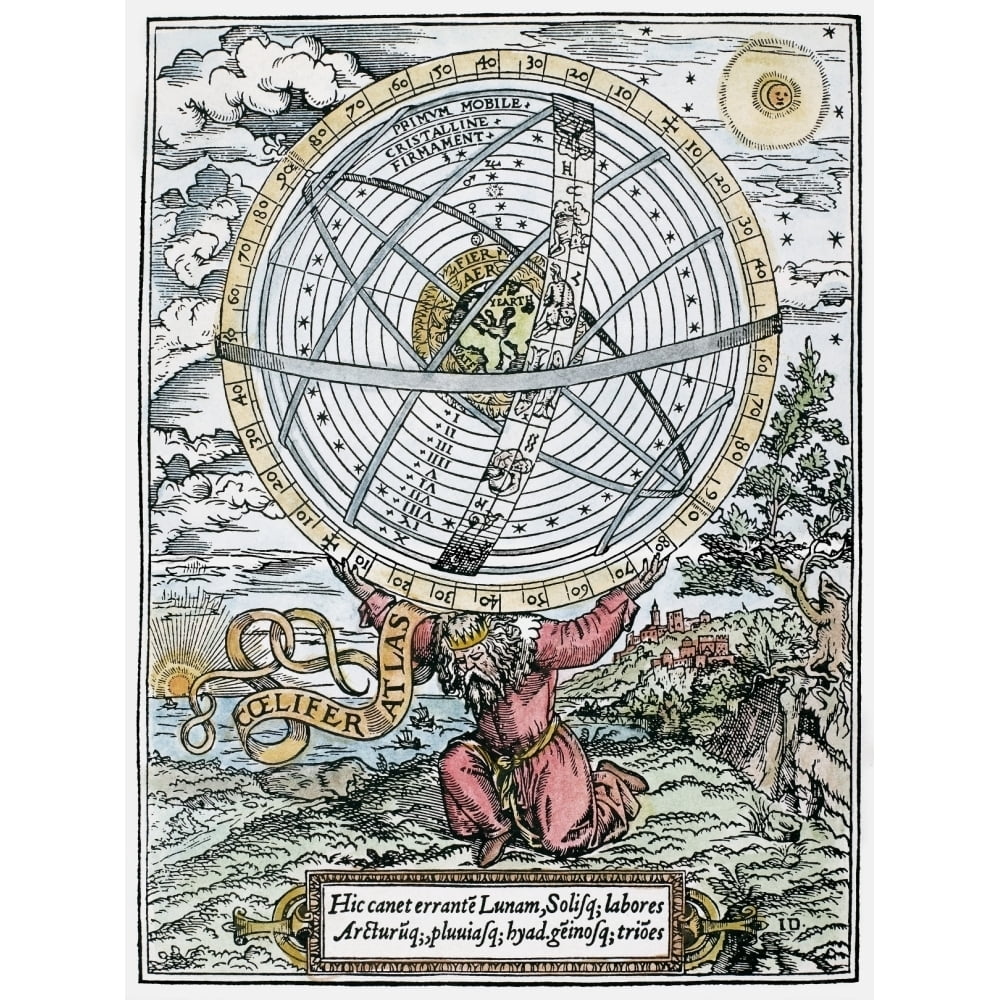 Ptolemaic Universe 1559. Natlas Holding Up A Geocentric Universe ...