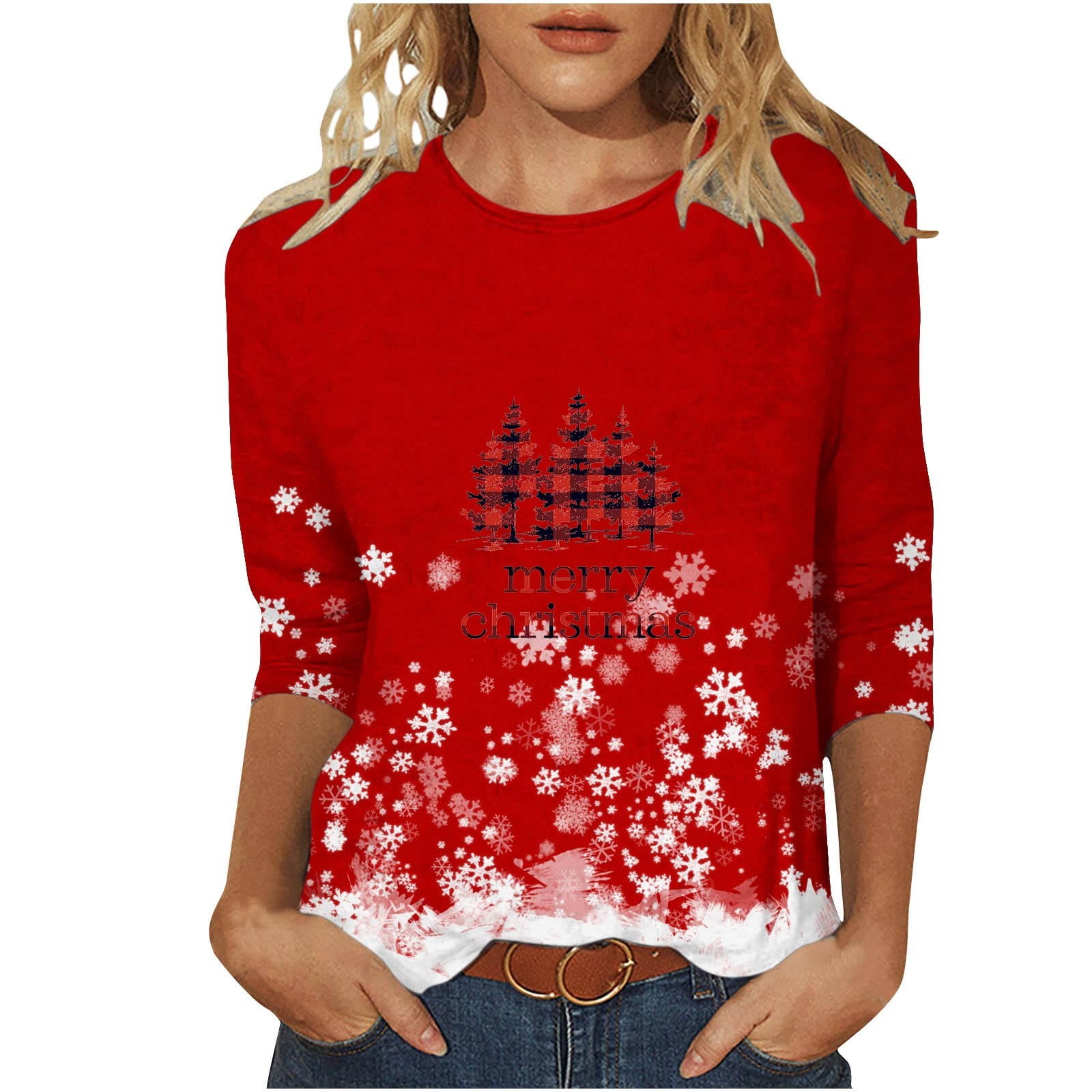 PuLe Christmas Shirts for Women,3/4 Length Sleeve Tops Funny Xmas Tree ...
