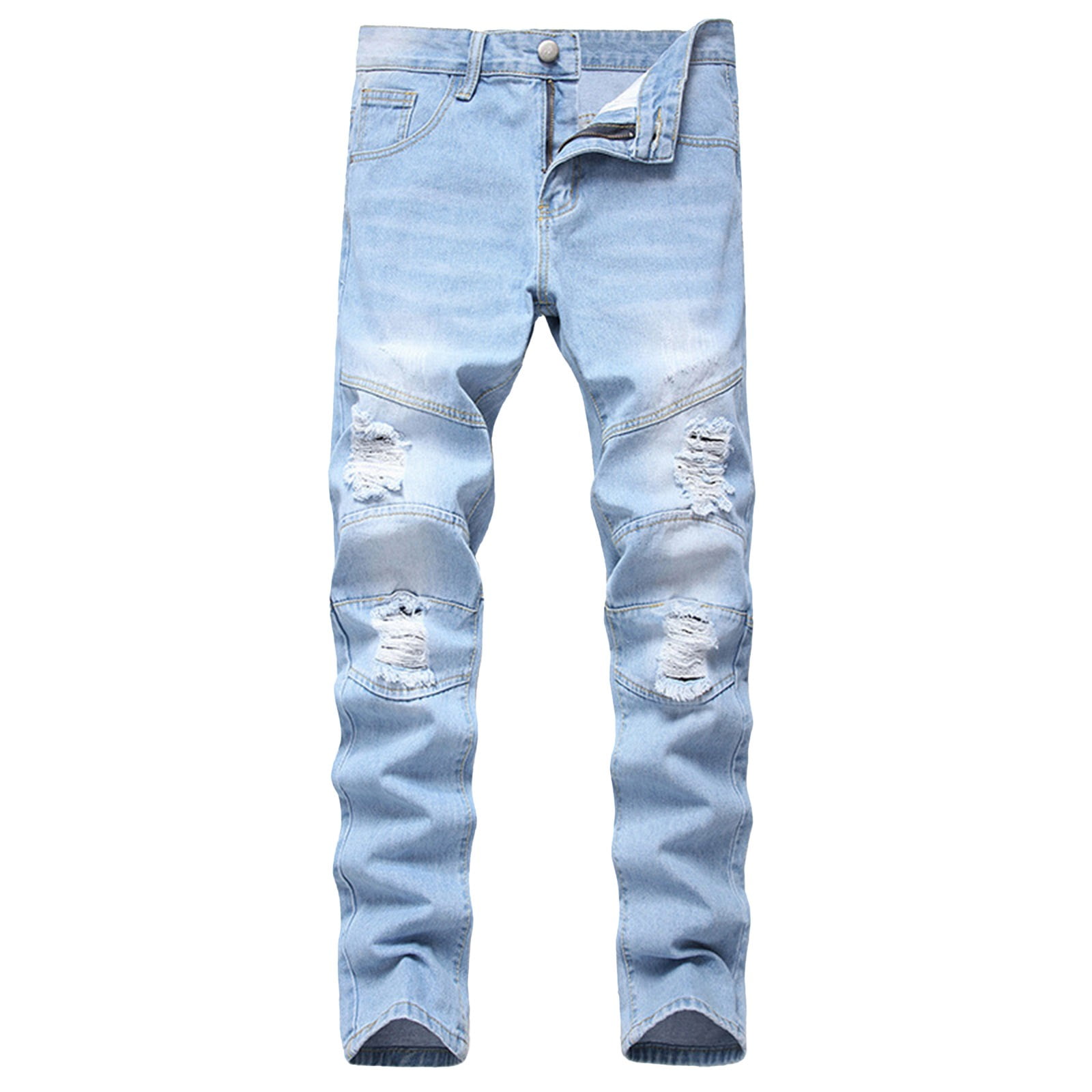 PuLe Men's Pants Men's Ripped Slim Fit Straight Leg Jean Denim Pant ...