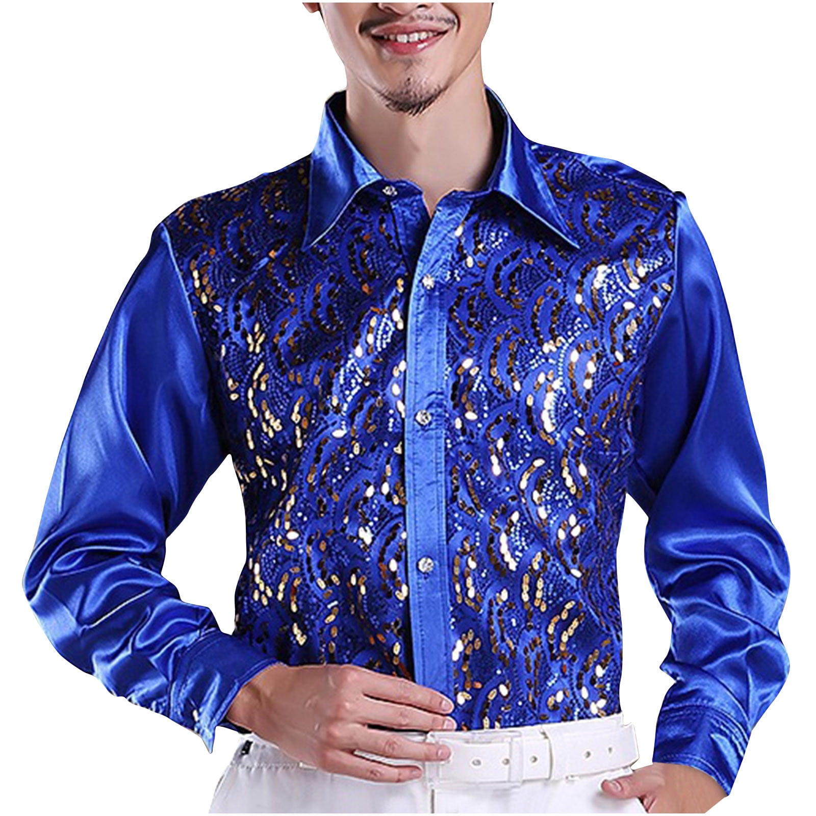 PuLe Mens Metallic Shirts 70s Button Down Party Shirt Glitter Sequins ...