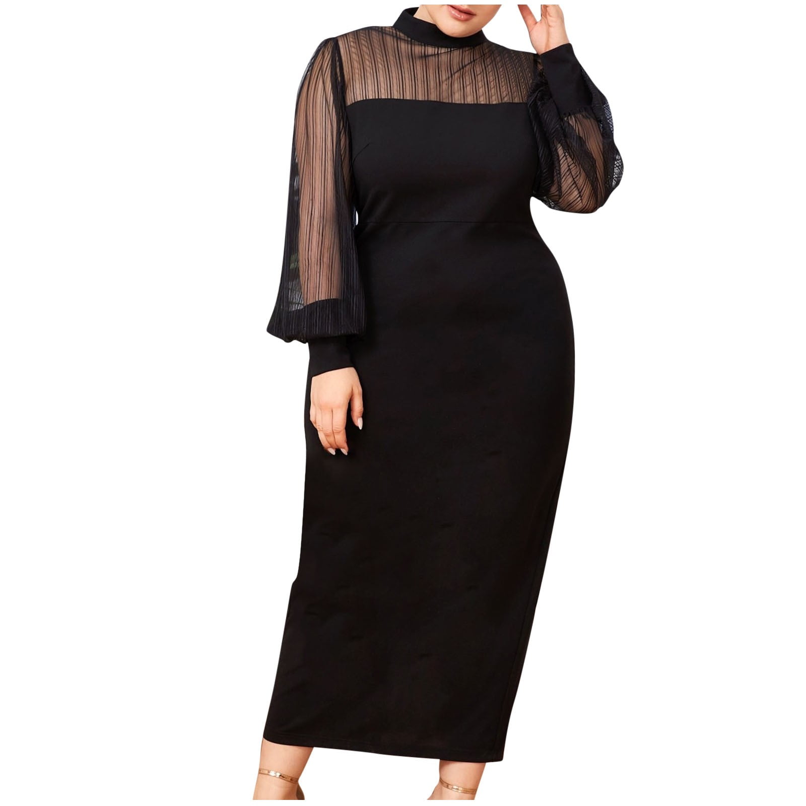 PuLe Women's Plus Sheer Mesh Long Sleeve Frilled Slit Elegant Pencil ...