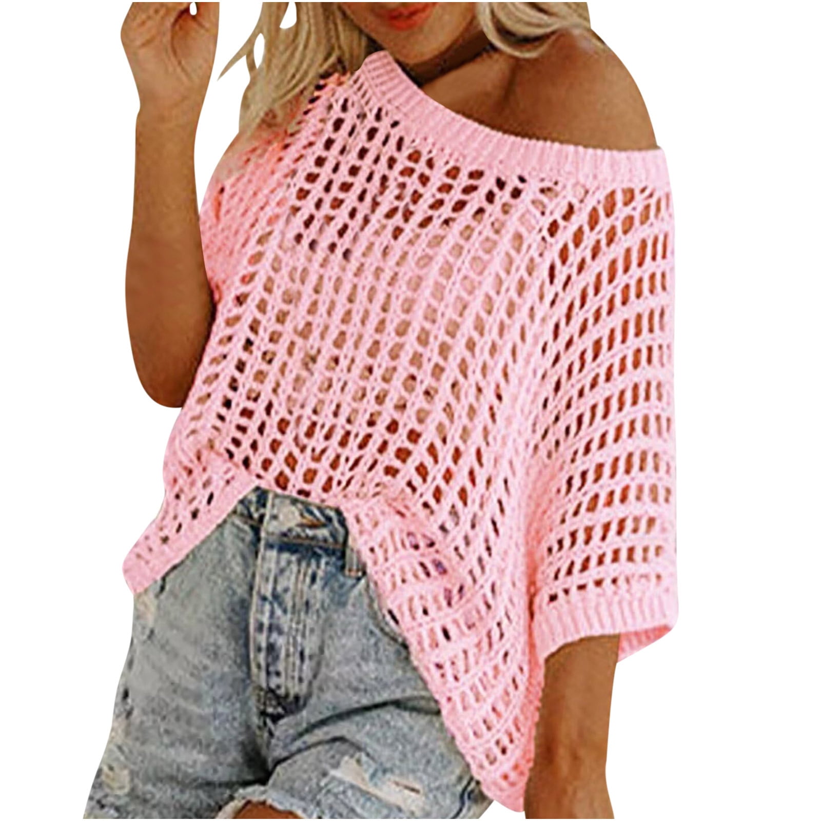 Pule Womens Summer Scoop Neck Short Sleeve Sweater Casual Crochet