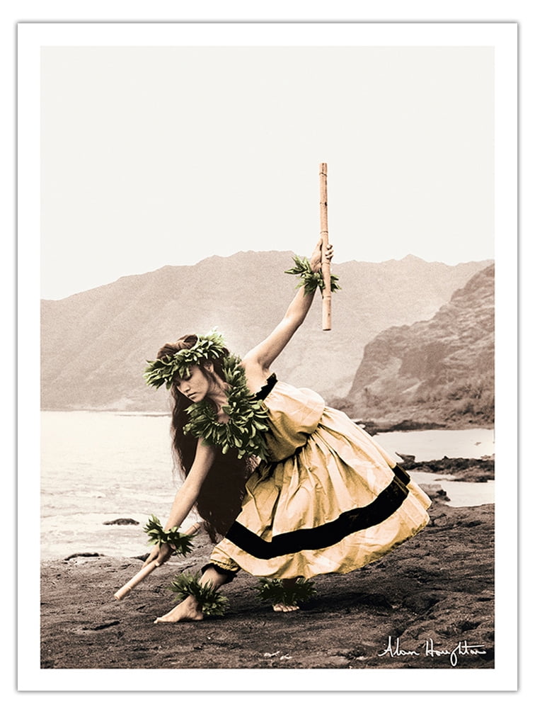Pua with Sticks (Kala'au) - Hawaiian Hula Dancer - Vintage Hand Colored ...