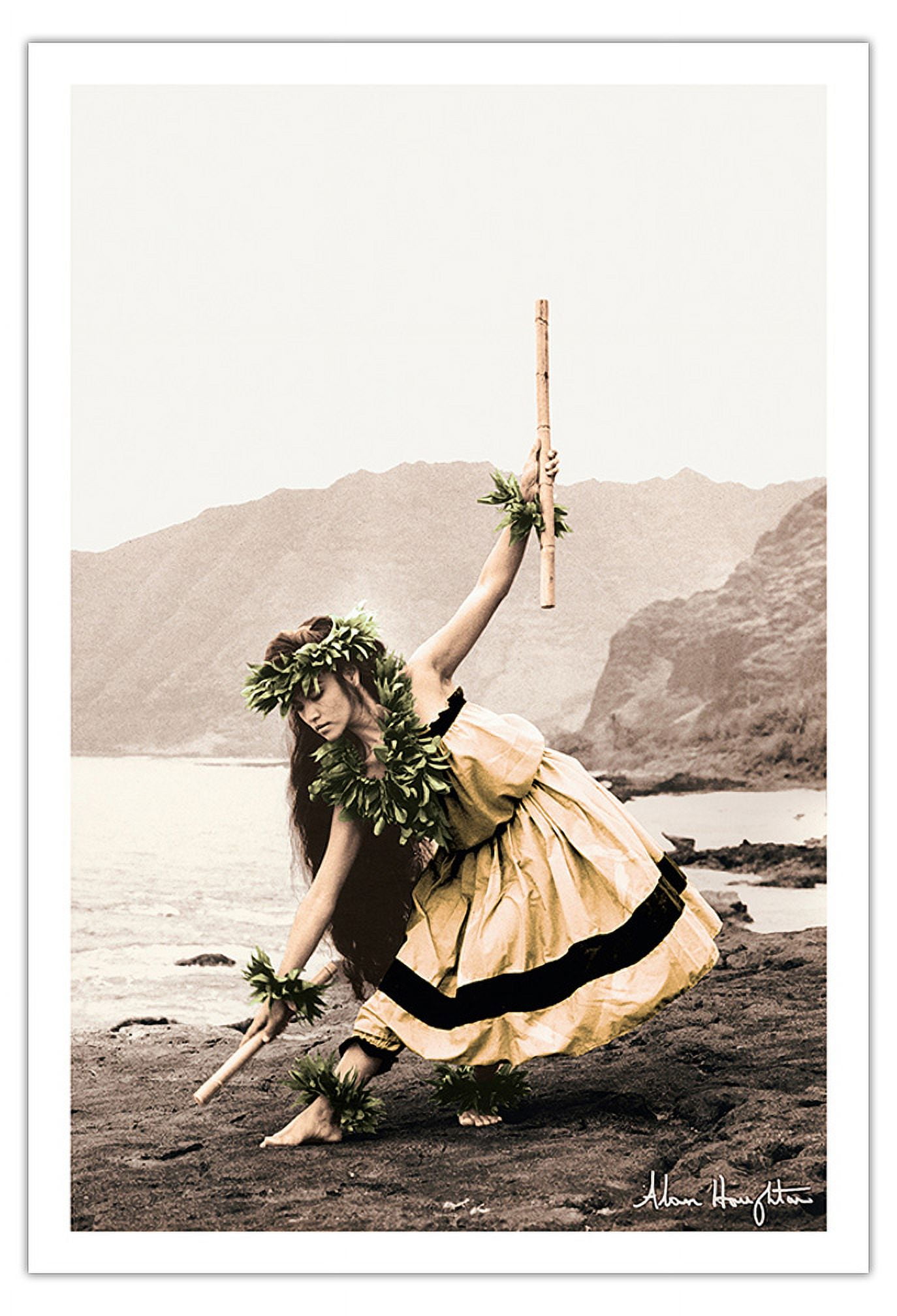 Pua with Sticks (Kala'au) - Hawaiian Hula Dancer - Vintage Hand Colored ...