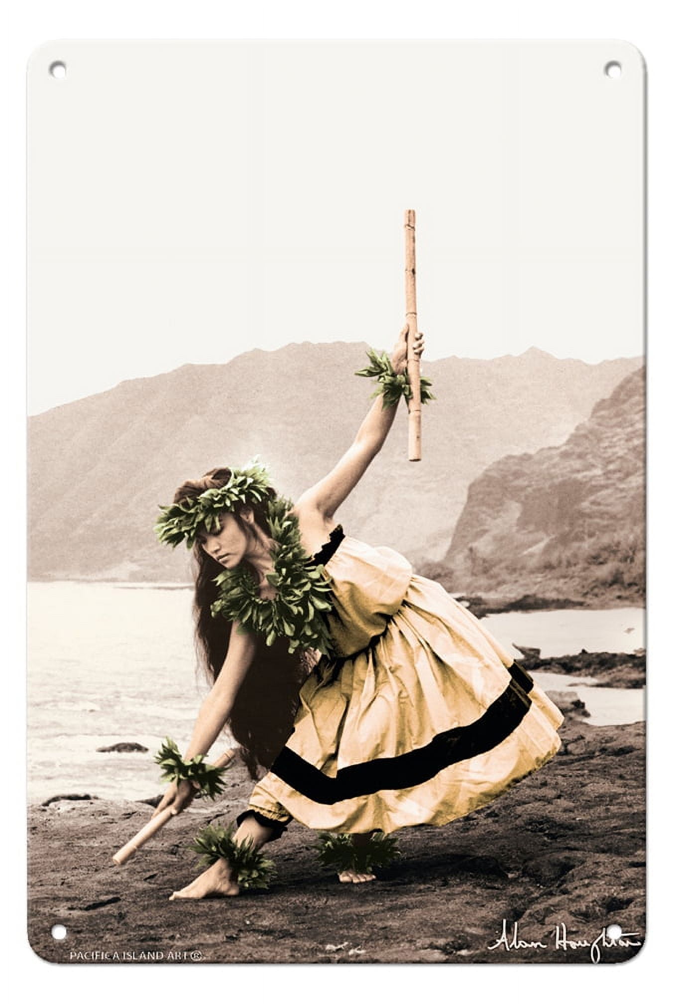 Pua with Sticks (Kala'au) - Hawaiian Hula Dancer - Vintage Hand Colored ...