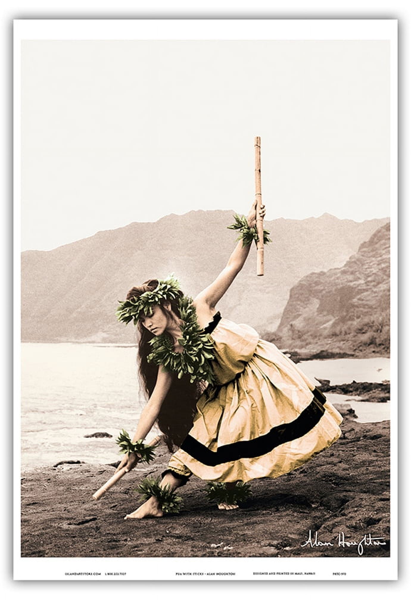 Pua with Sticks (Kala'au) - Hawaiian Hula Dancer - Vintage Hand Colored ...