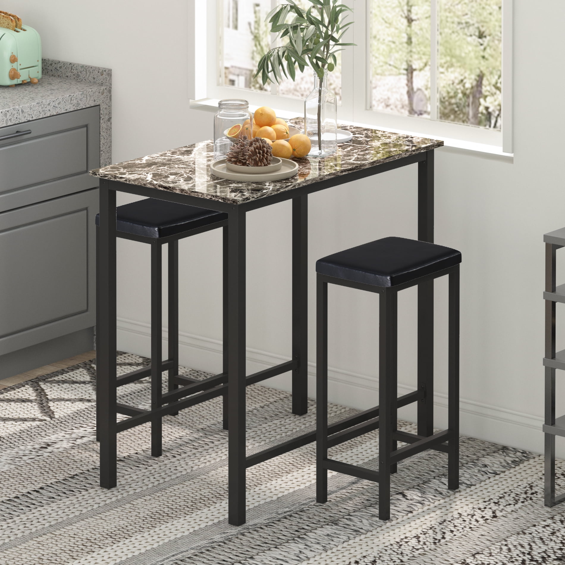 Pub Counter Height Table Set with 2 Padded Stools, Home Kitchen Dining ...
