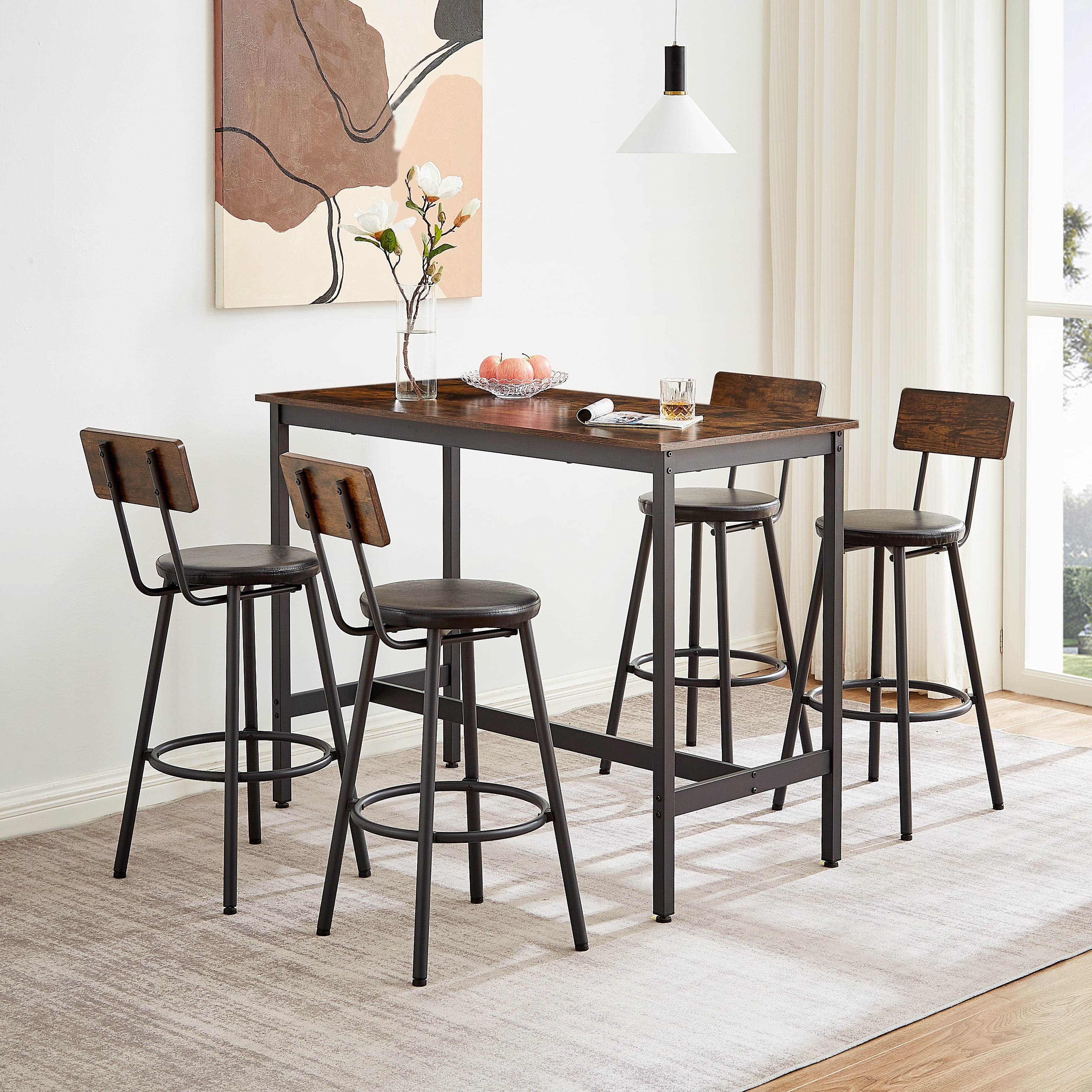 Pub High Dining Table 5 Piece Set, Industrial Style Pub Table, 4 PU ...