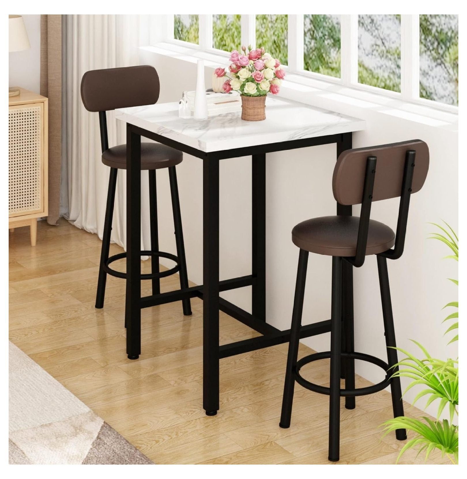 Pub Table and Chairs Set of 2, 24" Dining Table Set with 2 PU Leather ...