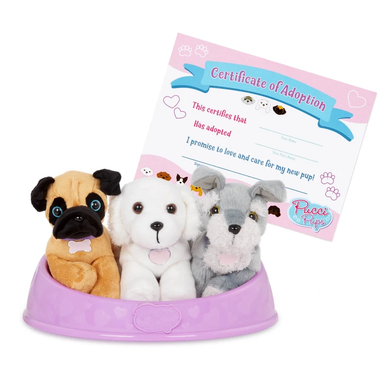 Pucci Pups Plush Toy Set - Pug, Maltese, and Schnauzer with Dog Bed ...