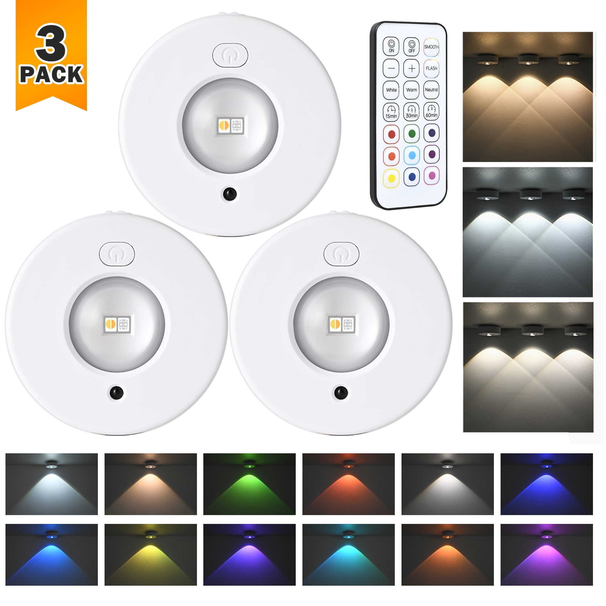 Puck Lights Battery Operated, Flashwee LED Puck Lights with 3 Colors ...