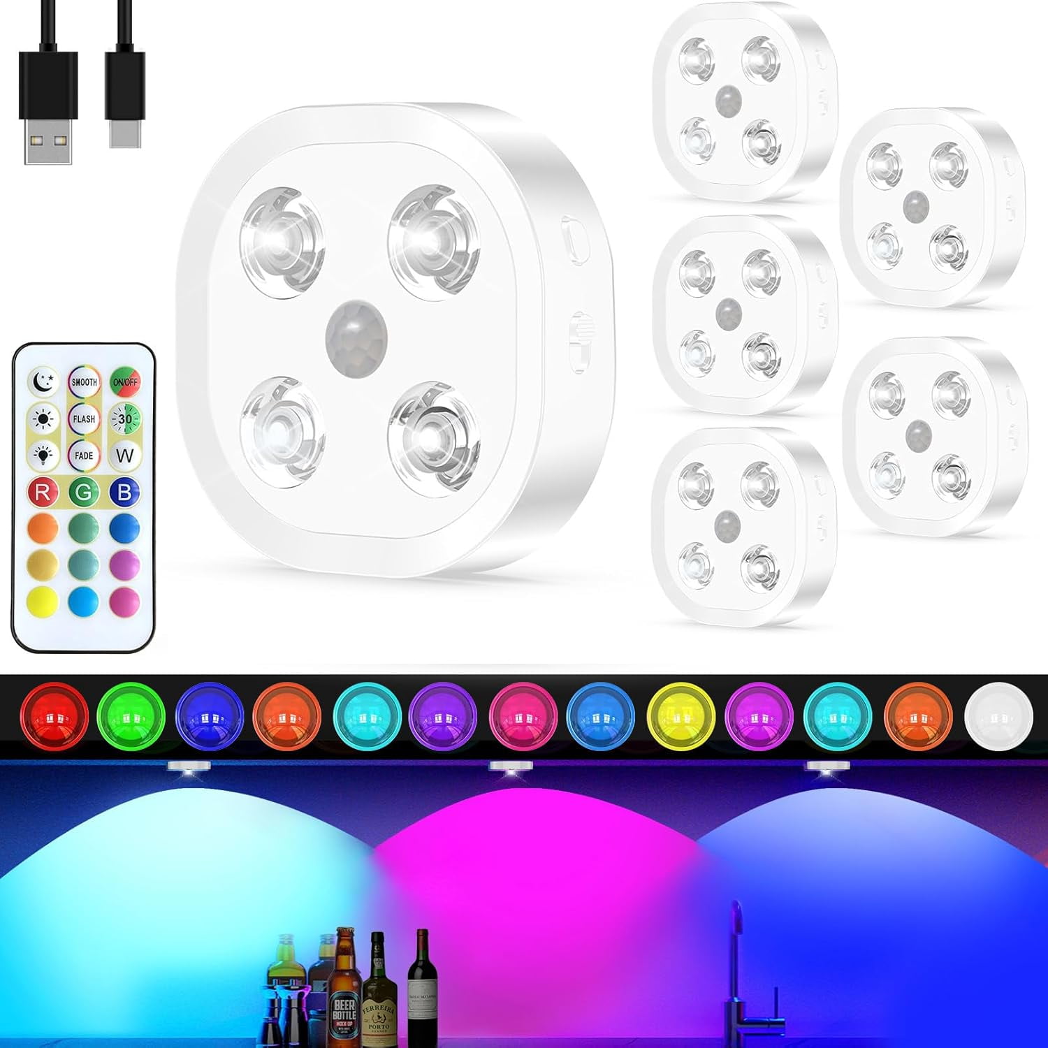 Puck Lights with Remote, 13 Colors RGB Motion Sensor Night Light ...