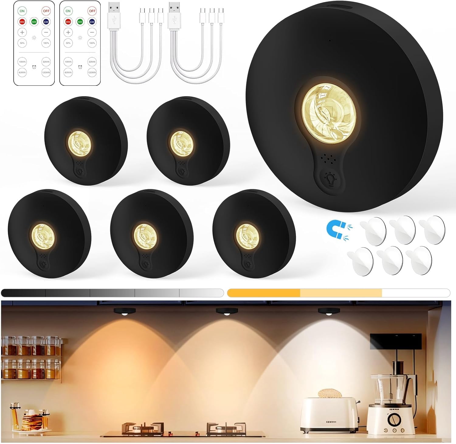 Puck Lights with Remote, 6 Under Cabinet Lighting, 1500mAh Operated Tap ...