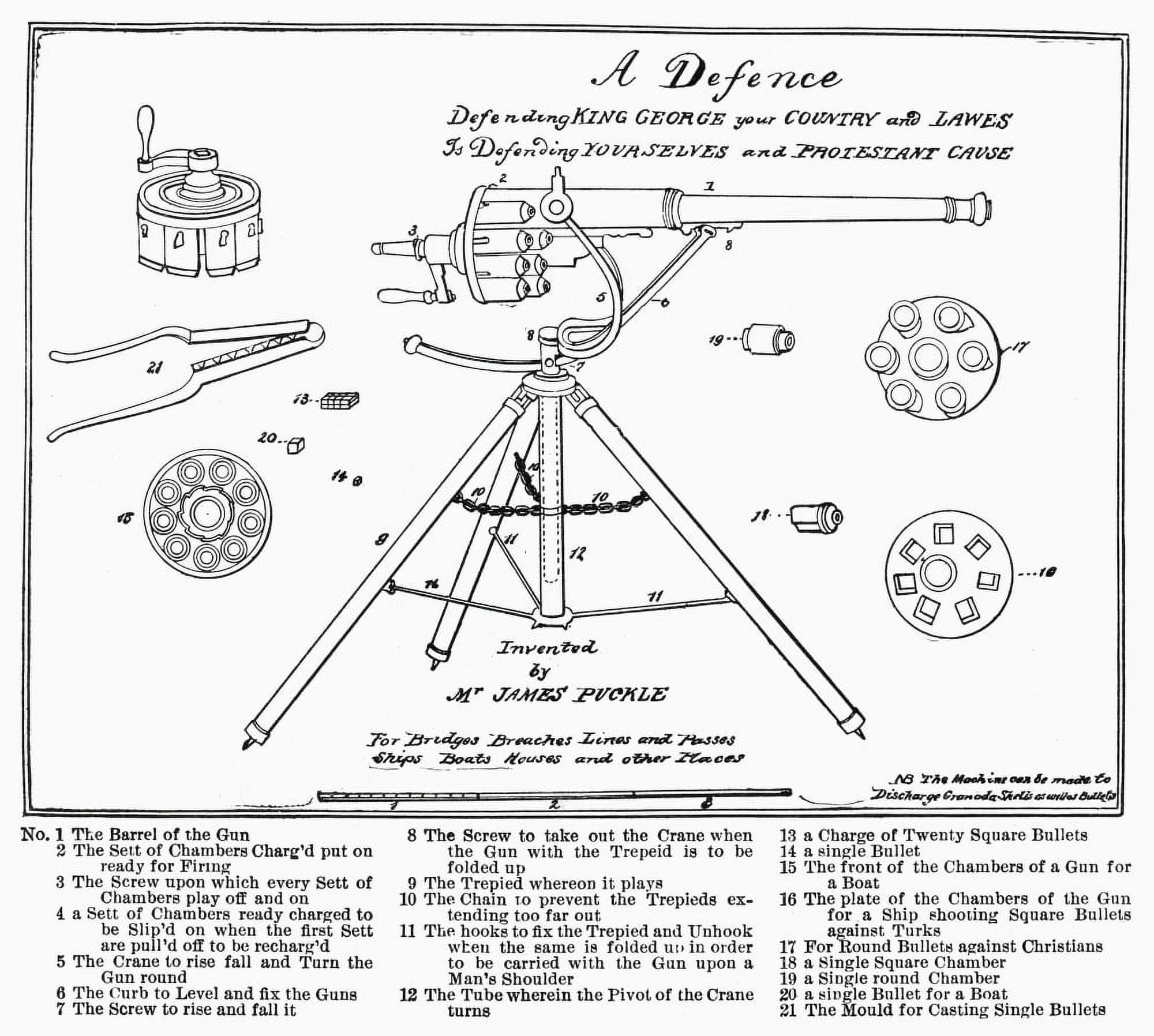 Puckle Gun, 1718. /Npatent Drawing For The Tripod-Mounted Flintlock ...