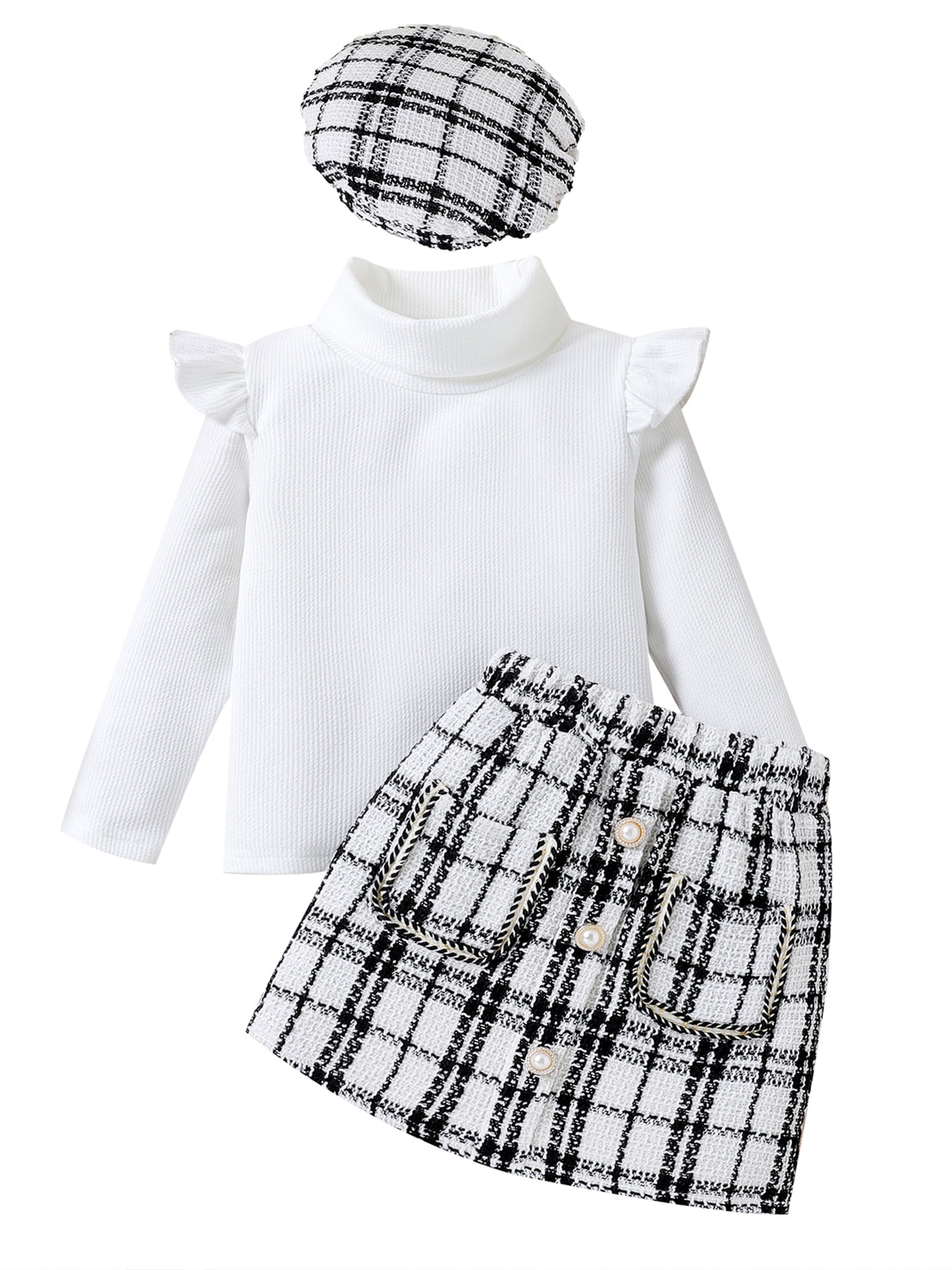 Pudcoco Kid Girl 3Pcs Fall Outfit Ruffled Long Sleeve High Neck Tops ...