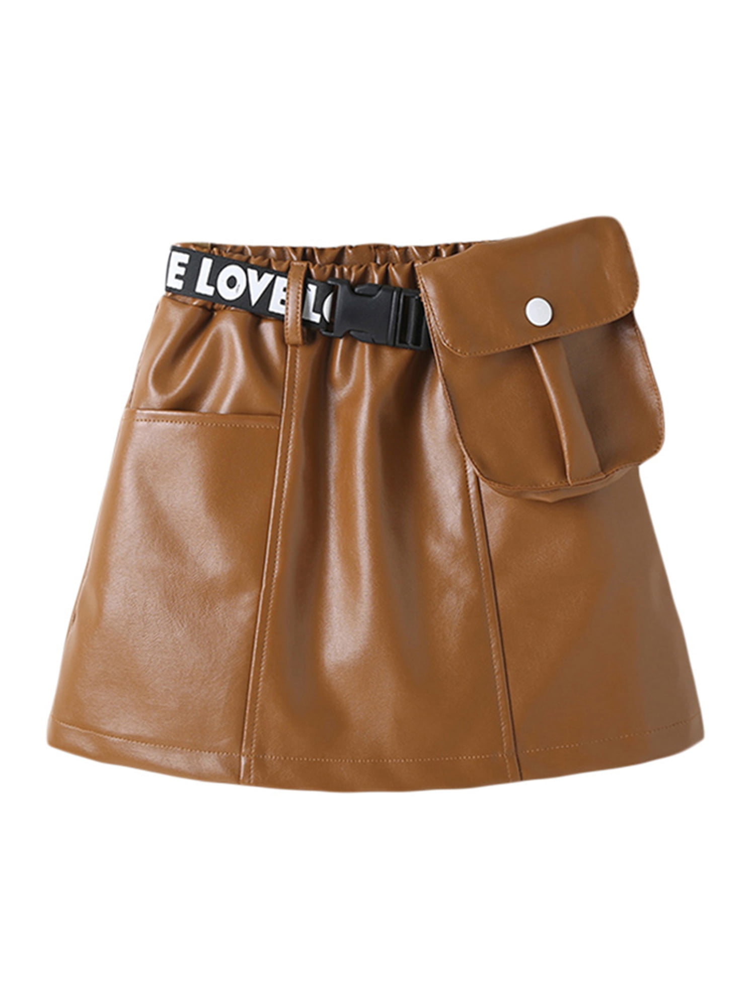 Pudcoco Little Girls PU Leather Skirt Outfits Plain Color High Waisted ...