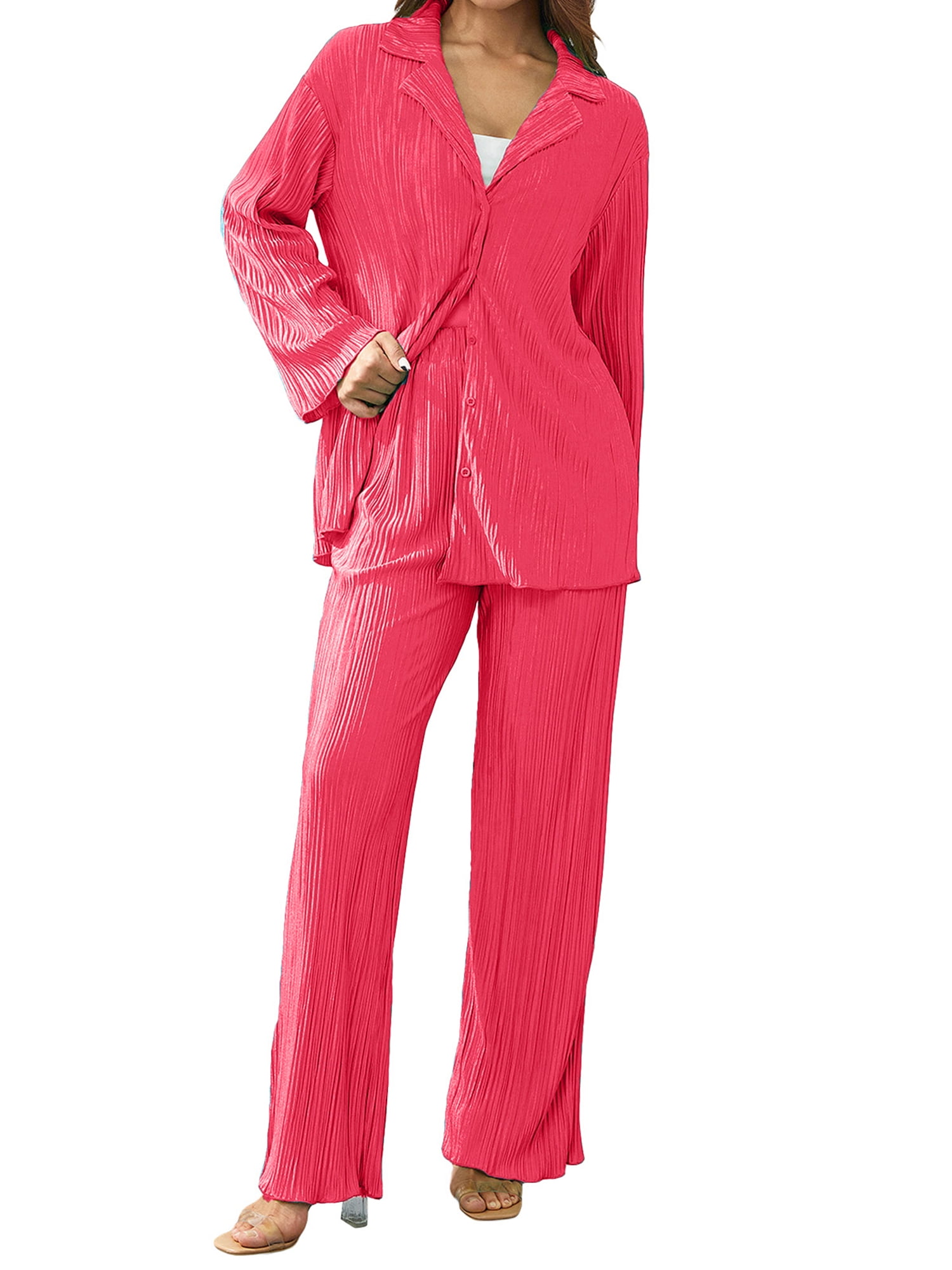 Pudcoco Lounge Set for Women 2 Piece Outfits Pleated Casual Long Sleeve ...