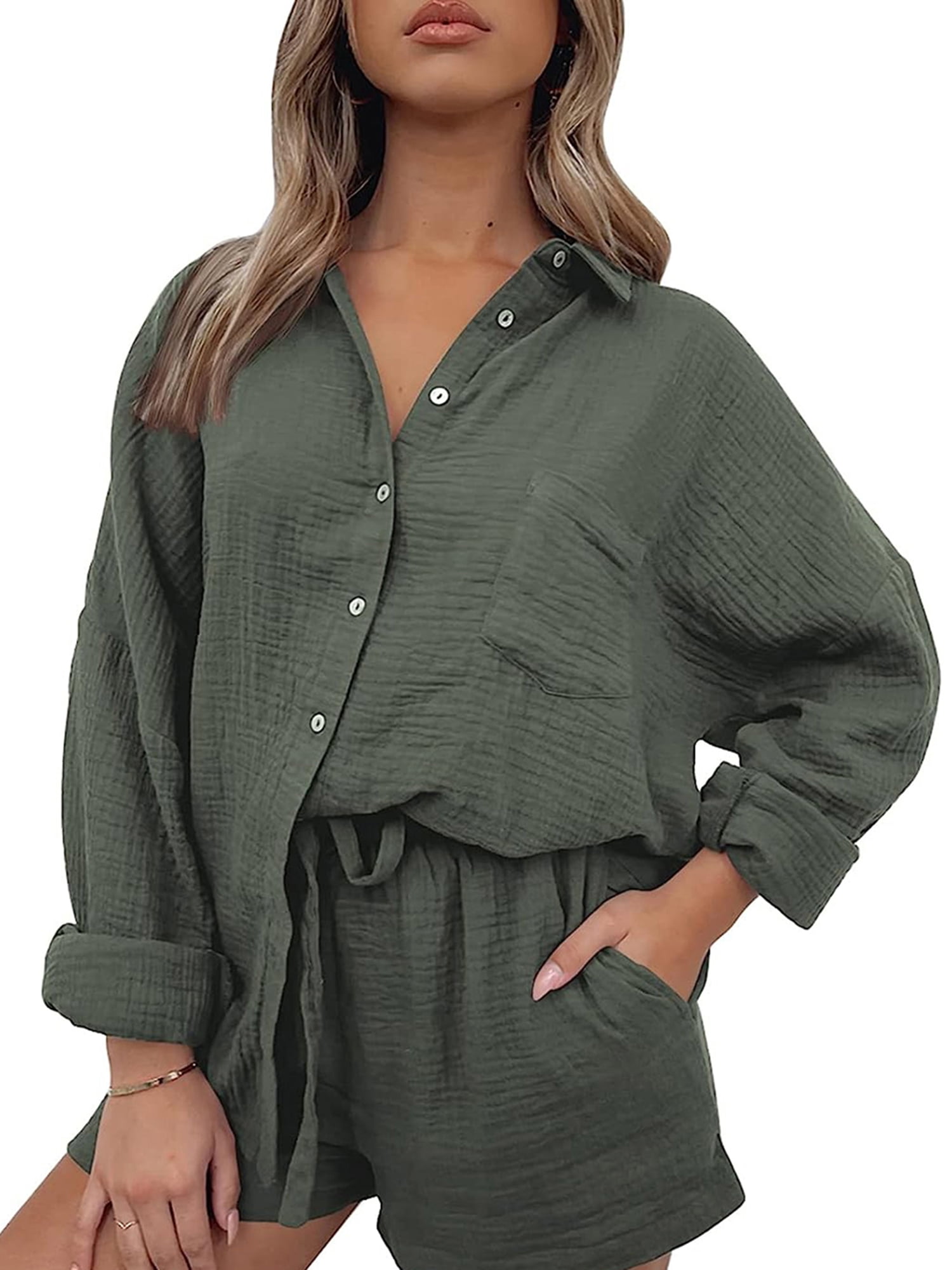 Pudcoco Women 2 Piece Pajamas Set Solid Color Long Sleeve Button Shirt ...