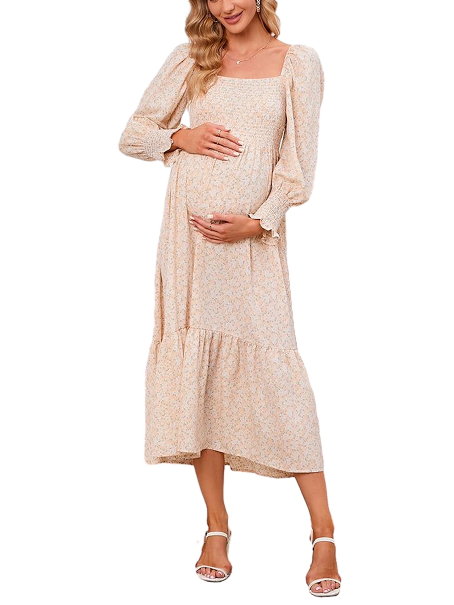 Pudcoco Women Maternity Clothes, Long Sleeve Square Neck Pleated Floral ...