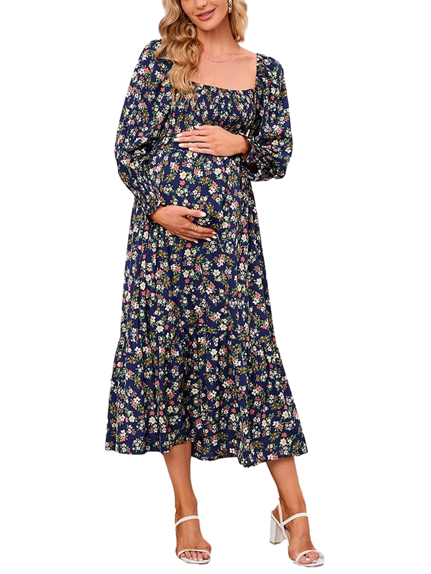 Pudcoco Women Maternity Clothes, Long Sleeve Square Neck Pleated Floral ...