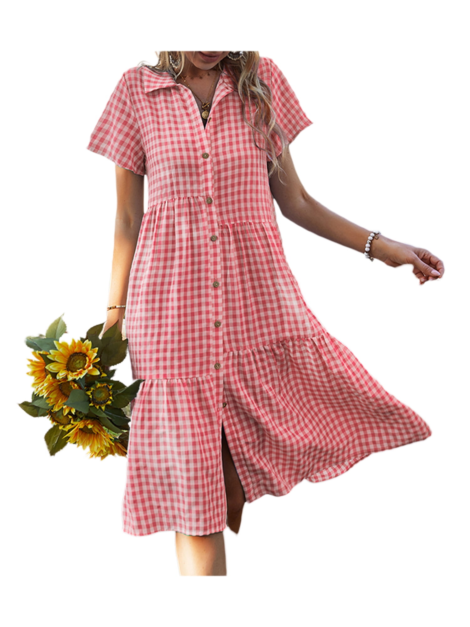 Pudcoco Women Summer Button Down Shirt Dress Short Sleeve Plaid Midi A ...