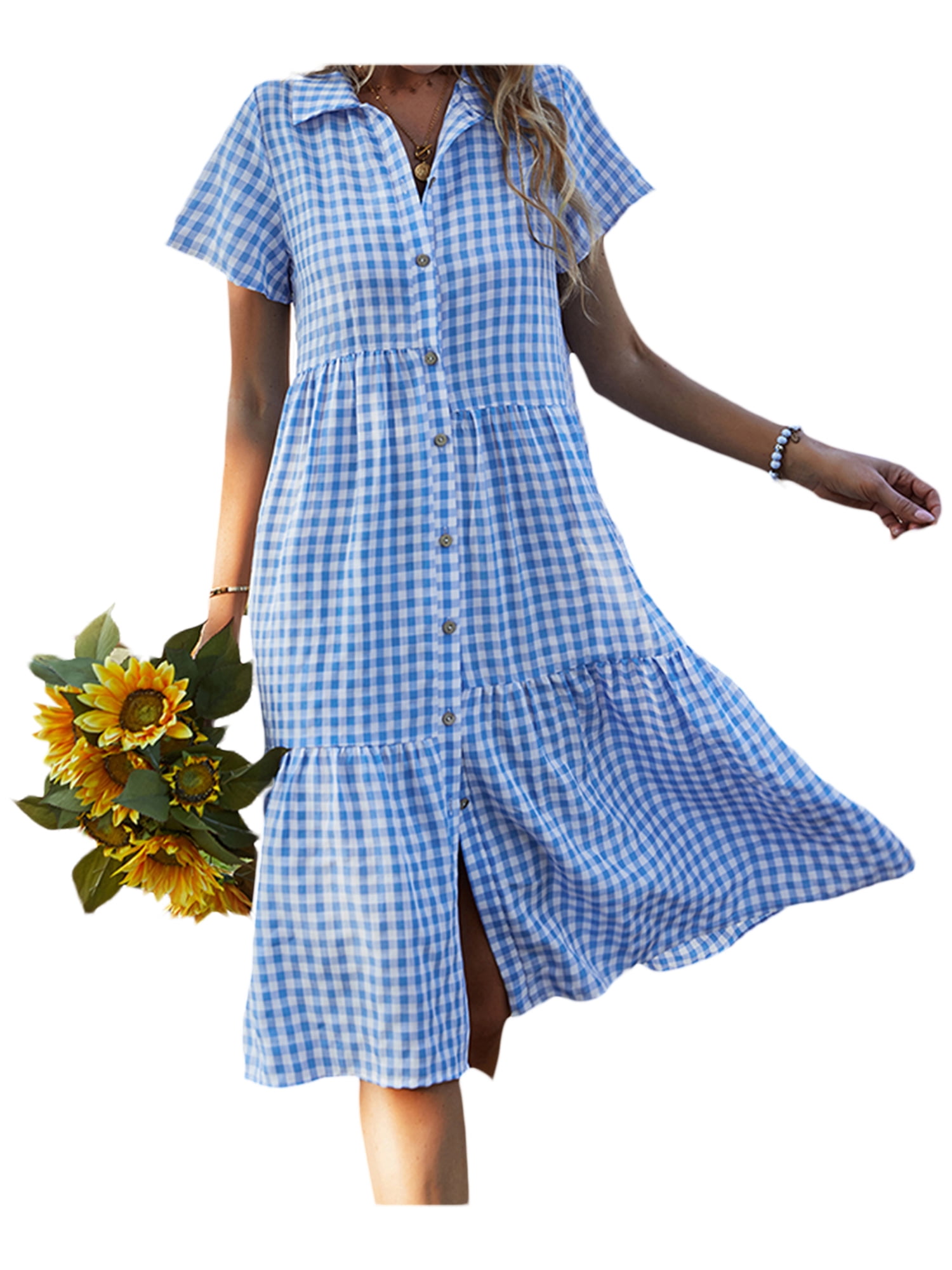 Pudcoco Women Summer Button Down Shirt Dress Short Sleeve Plaid Midi A ...