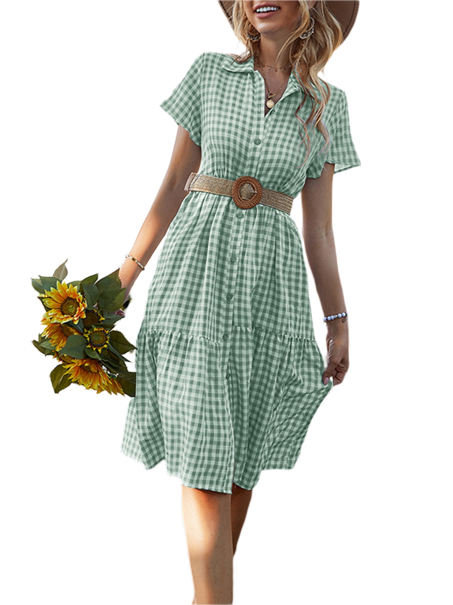 Pudcoco Women Summer Button Down Shirt Dress Short Sleeve Plaid Midi A ...