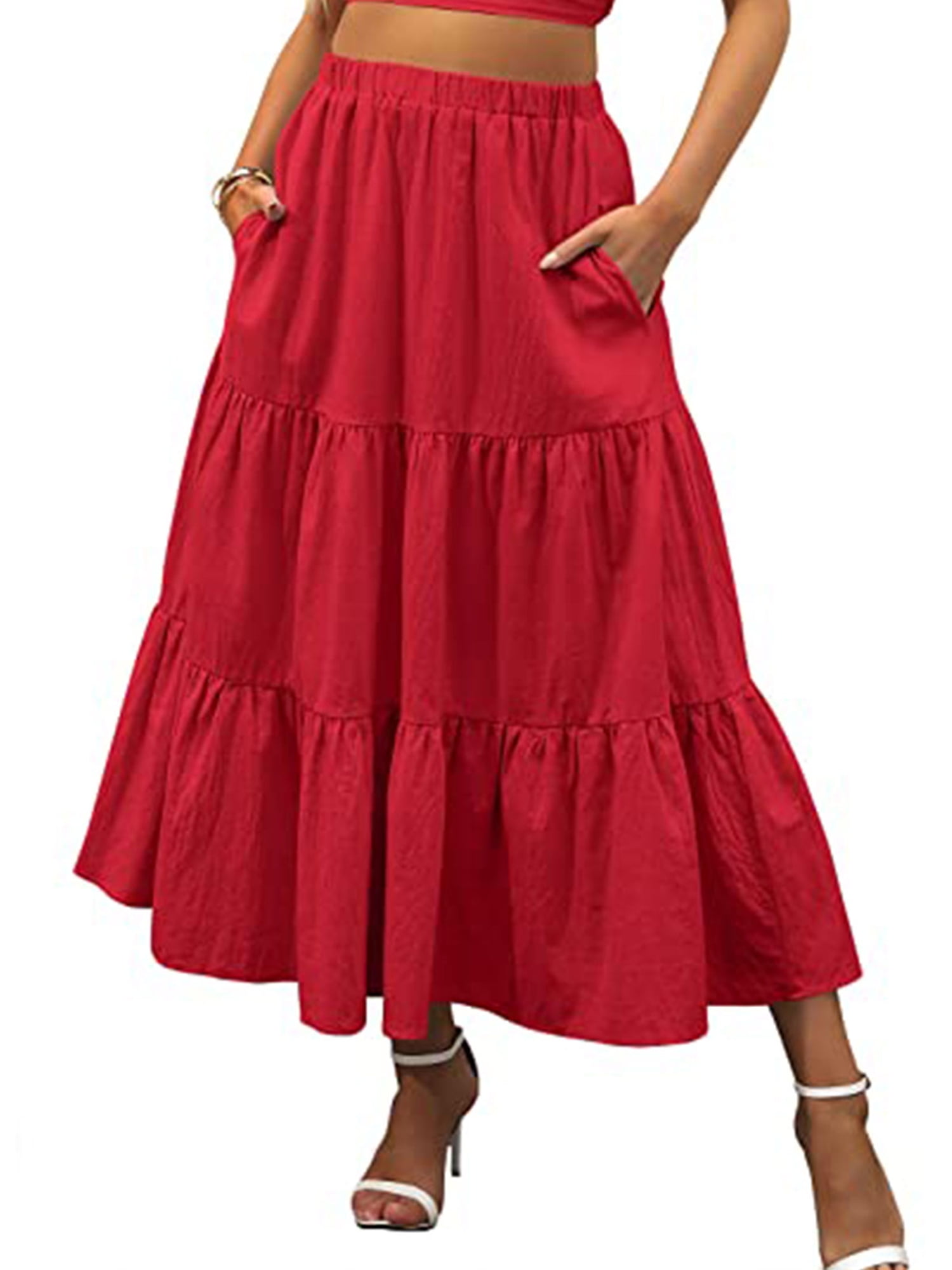 Pudcoco Women Summer Skirt Boho Pleated A-Line Long Beach Skirt with ...