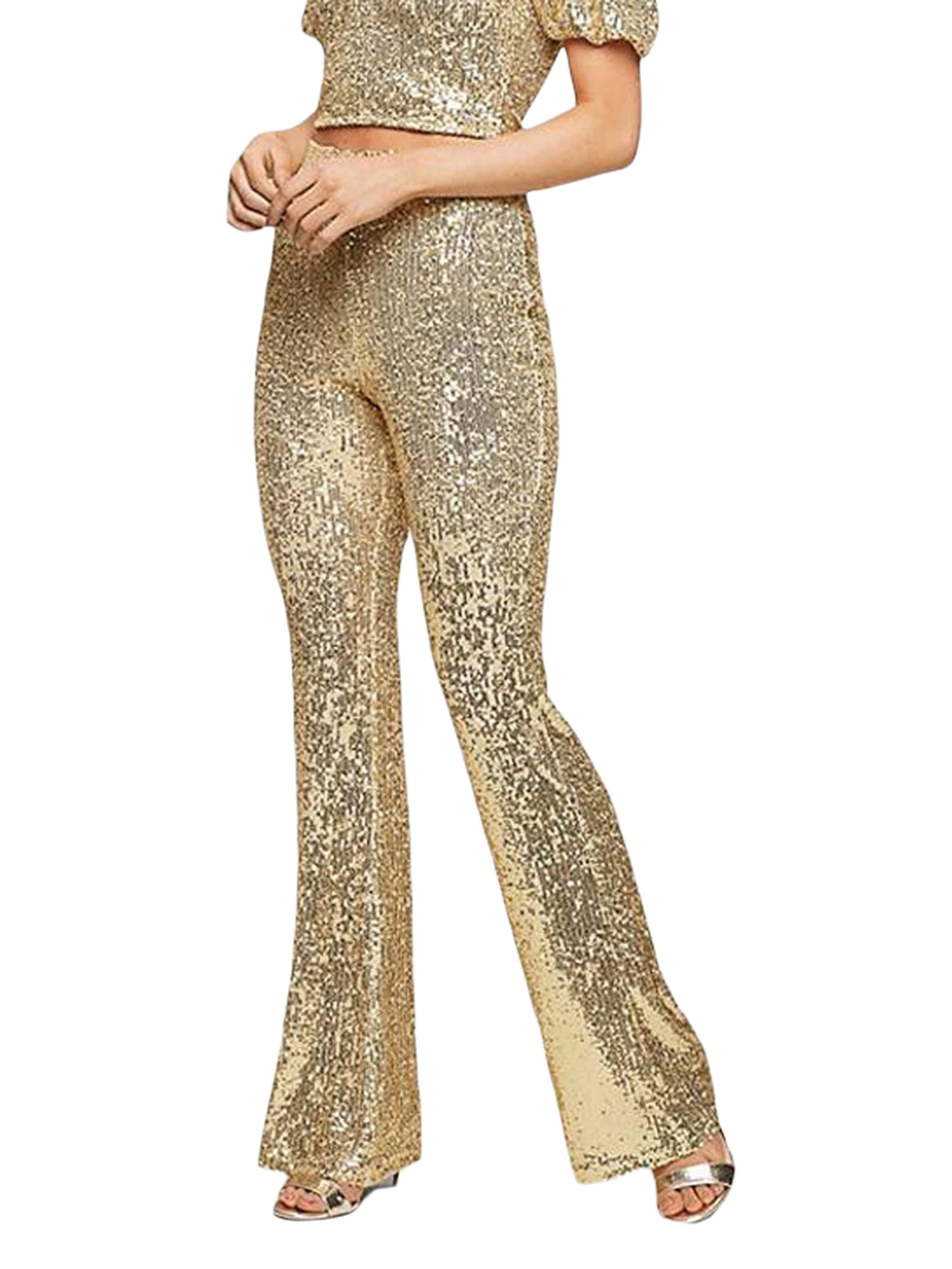 Pudcoco Womens Sequin Pants High Waisted Sparkle Bell Bottoms Pants