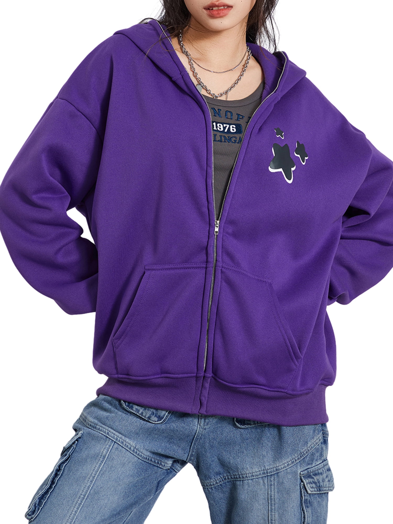 Pudcoco Y2k Zip Up Hoodie Women Oversized Vintage Graphic Sweatshirt Teen Girl Aesthetic Star ...