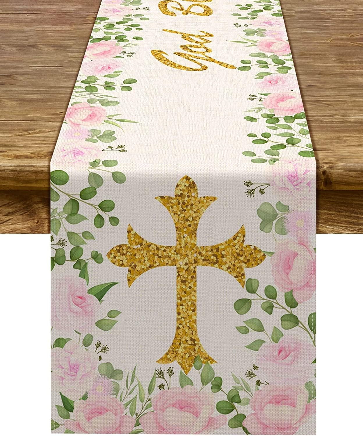 Pudodo Baptism Table Runner God Blessed First Communion Christian Cross ...