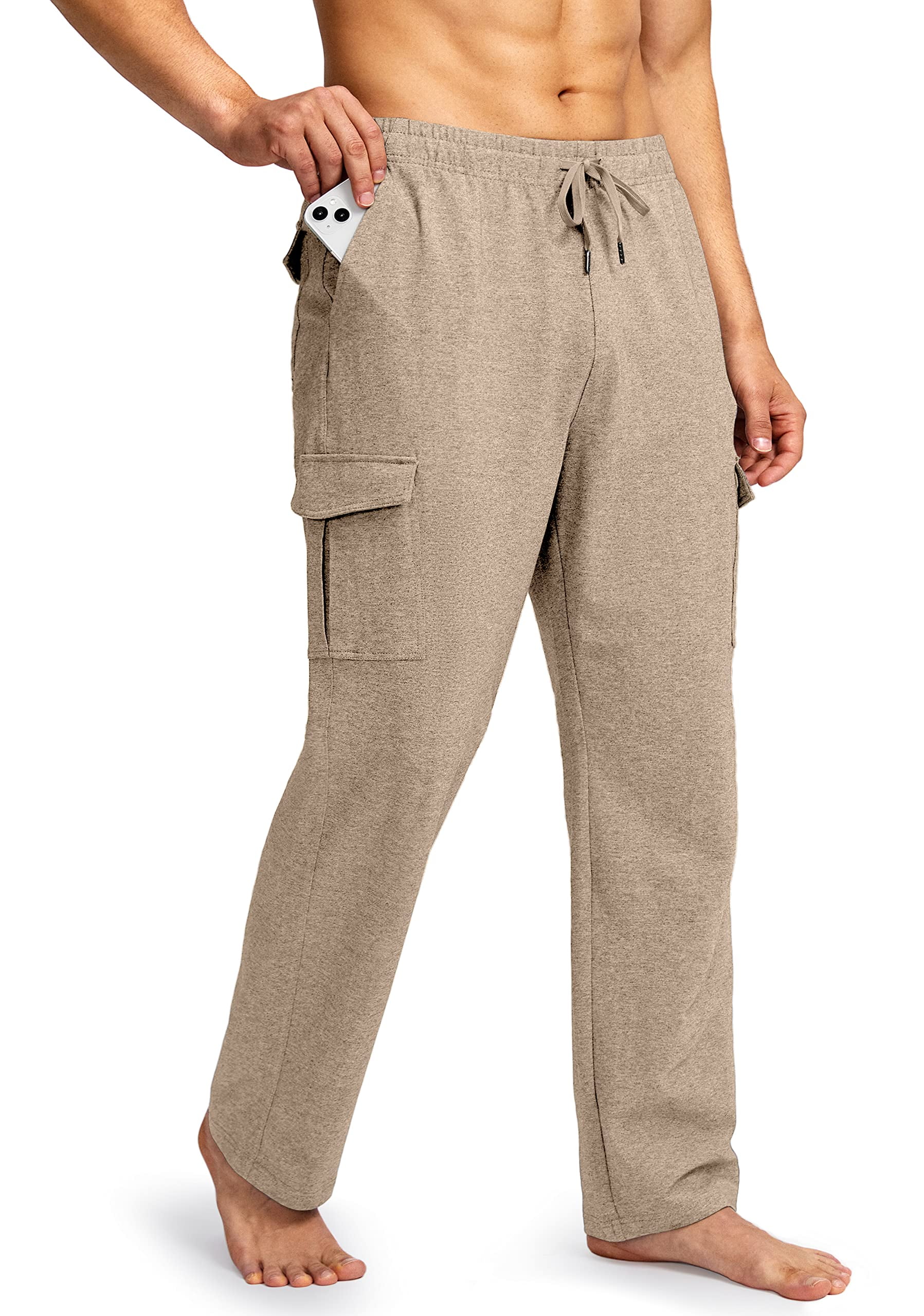 Pudolla Mens Cotton Sweatpants With Cargo Pockets Open Bottom Yoga