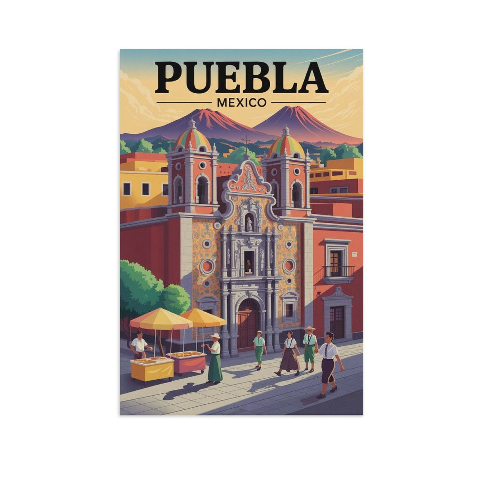 Puebla Vintage City Travel Poster with Tile Art, Skyline And Colonial ...