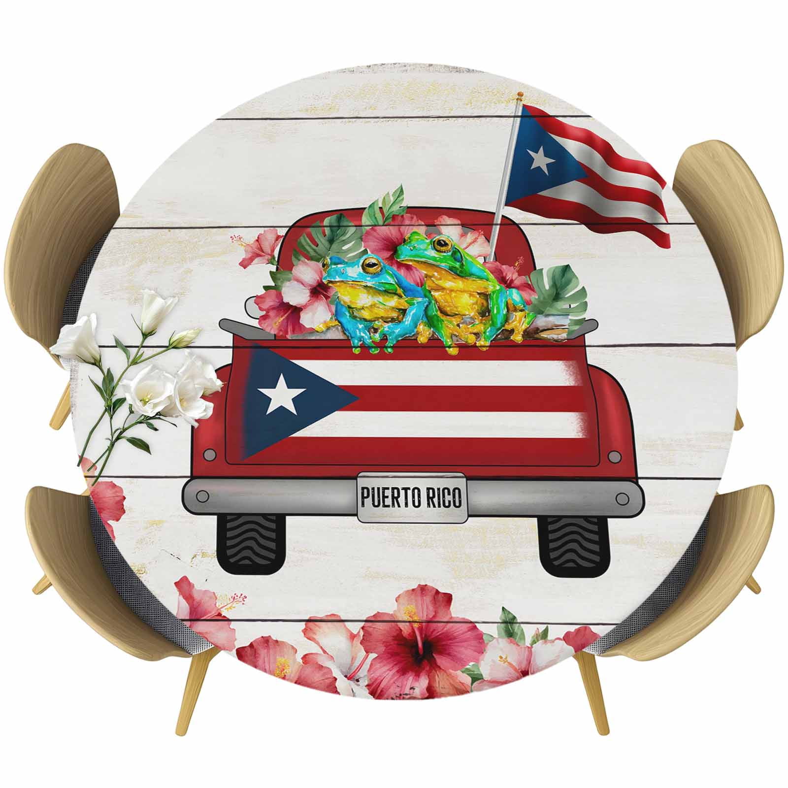 Puerto Rican Flag Round Tablecloth, Fitted Table Cover with Elastic for ...