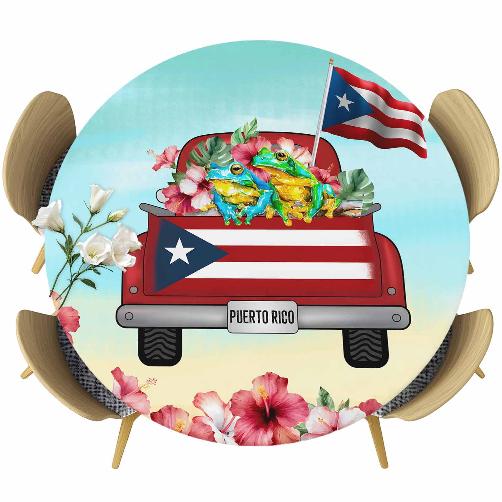 Puerto Rican Flag Round Tablecloth, Fitted Table Cover with Elastic for ...
