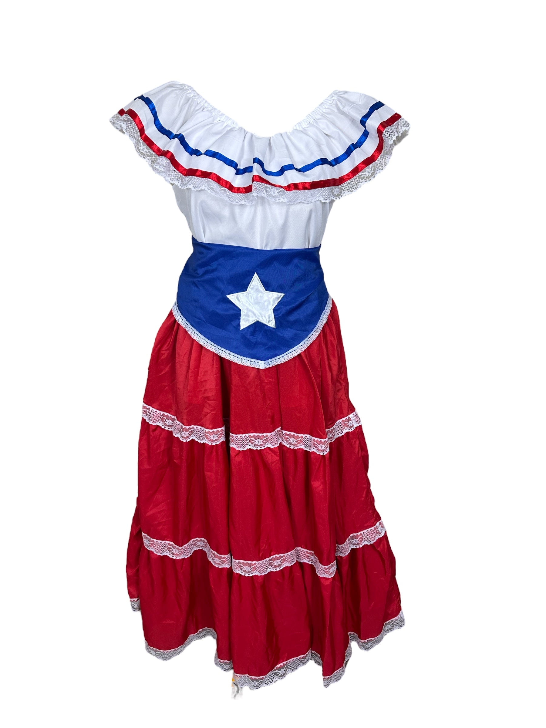 Puerto Rican Traditional Bomba Dress with Red Skirt and Blue Flag Belt ...