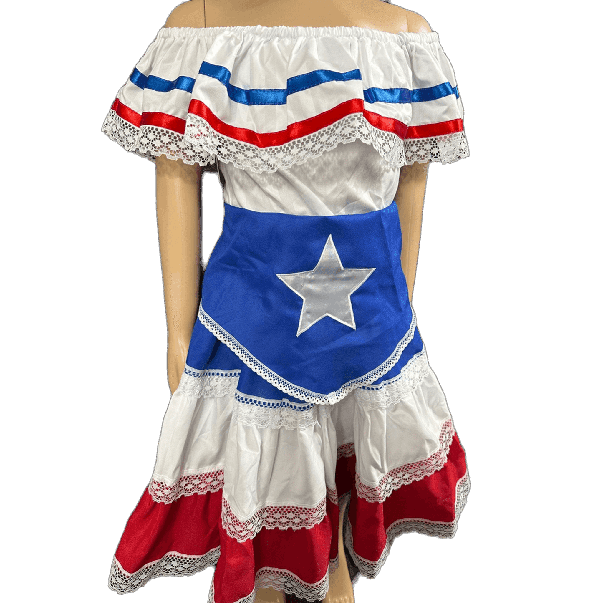 Puerto Rican Traditional Dress with Blue Flag and White Star Belt Girl ...