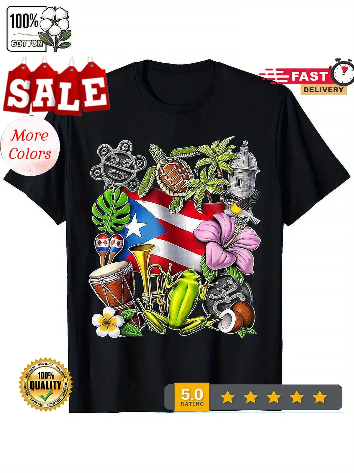Puerto Rico Boricua Coqui Frog Taino Sun Puerto Rican Flag 100% Cotton ...