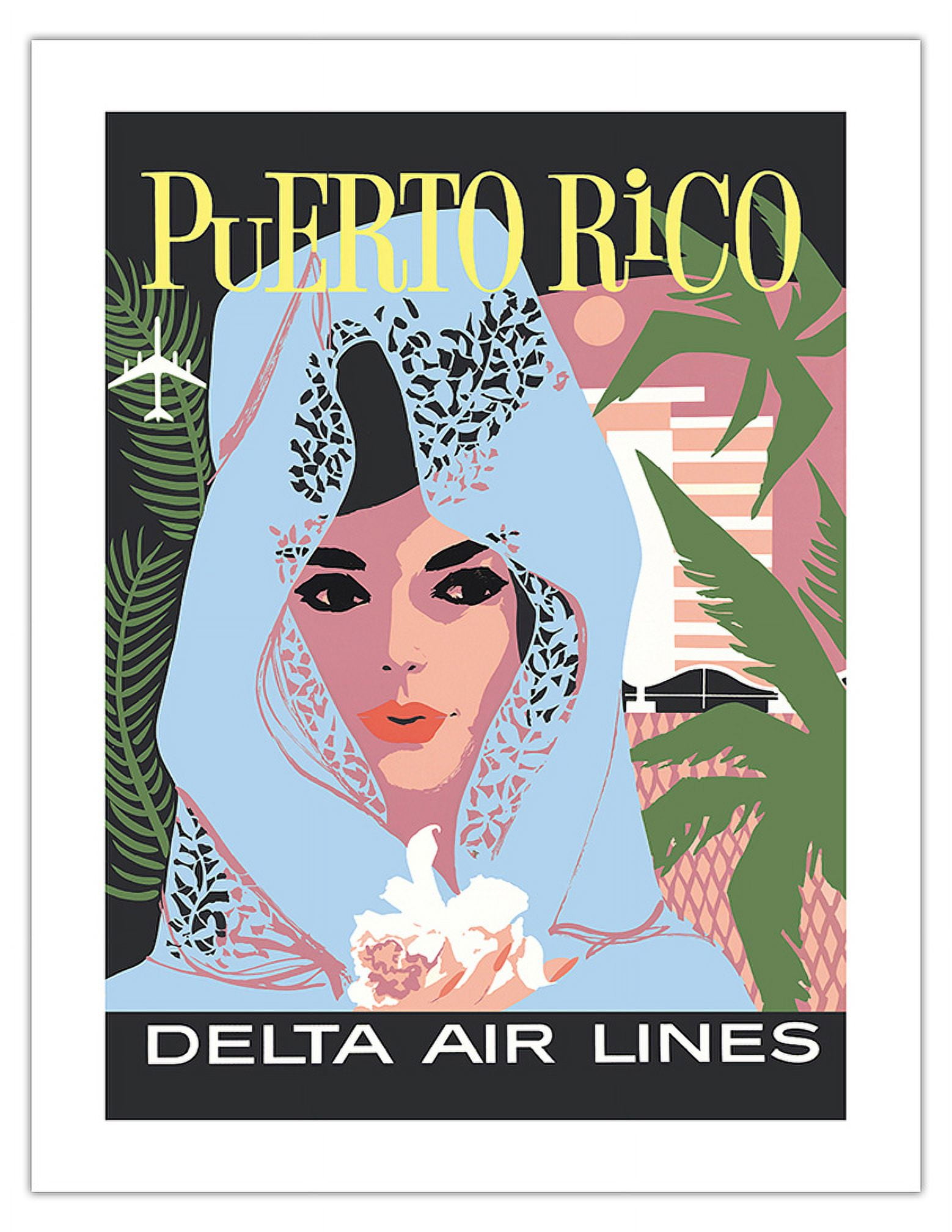 Puerto Rico - Delta Air Lines - Woman in Blue Lace Mantilla - Vintage ...