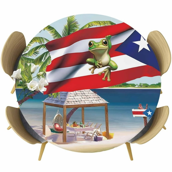 Puerto Rico Flag Frog Coconut Trees Fitted Round Tablecloths Table ...