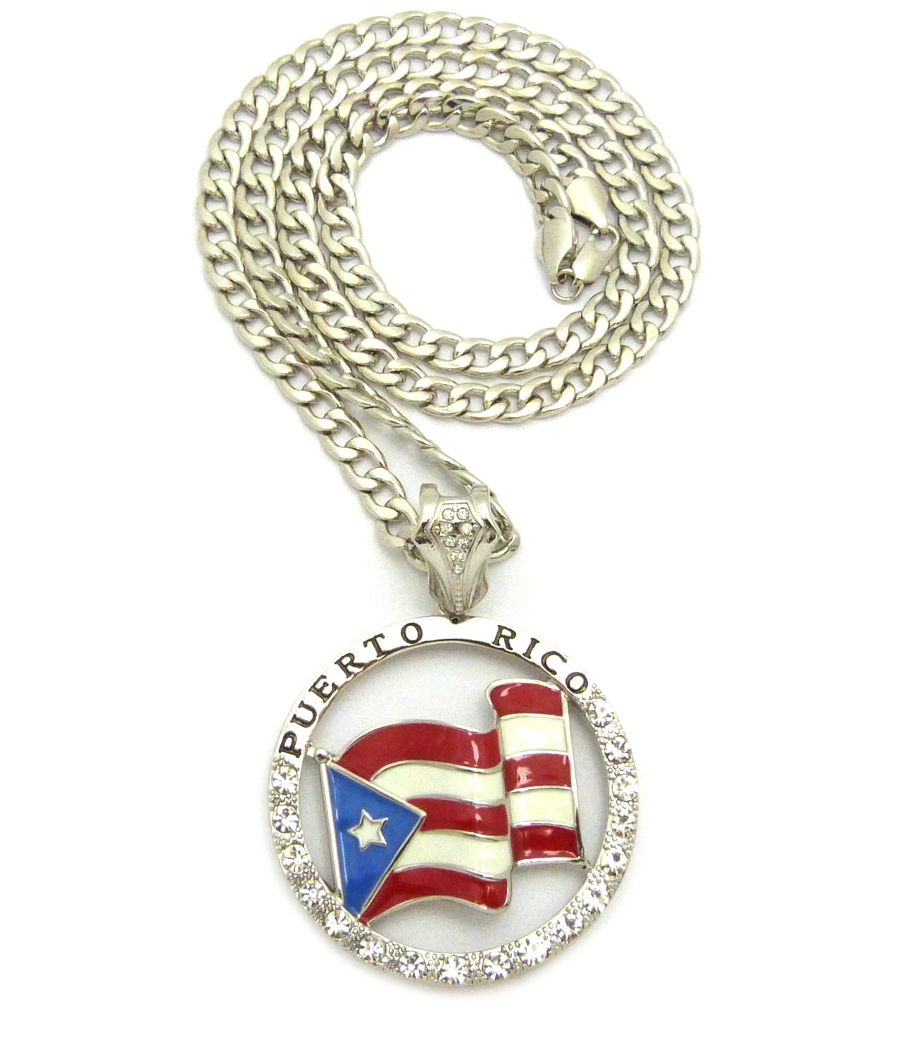 Puerto Rico Flag Hollow Round Stone Studded Pendant w/ 7mm 30" Cuban ...