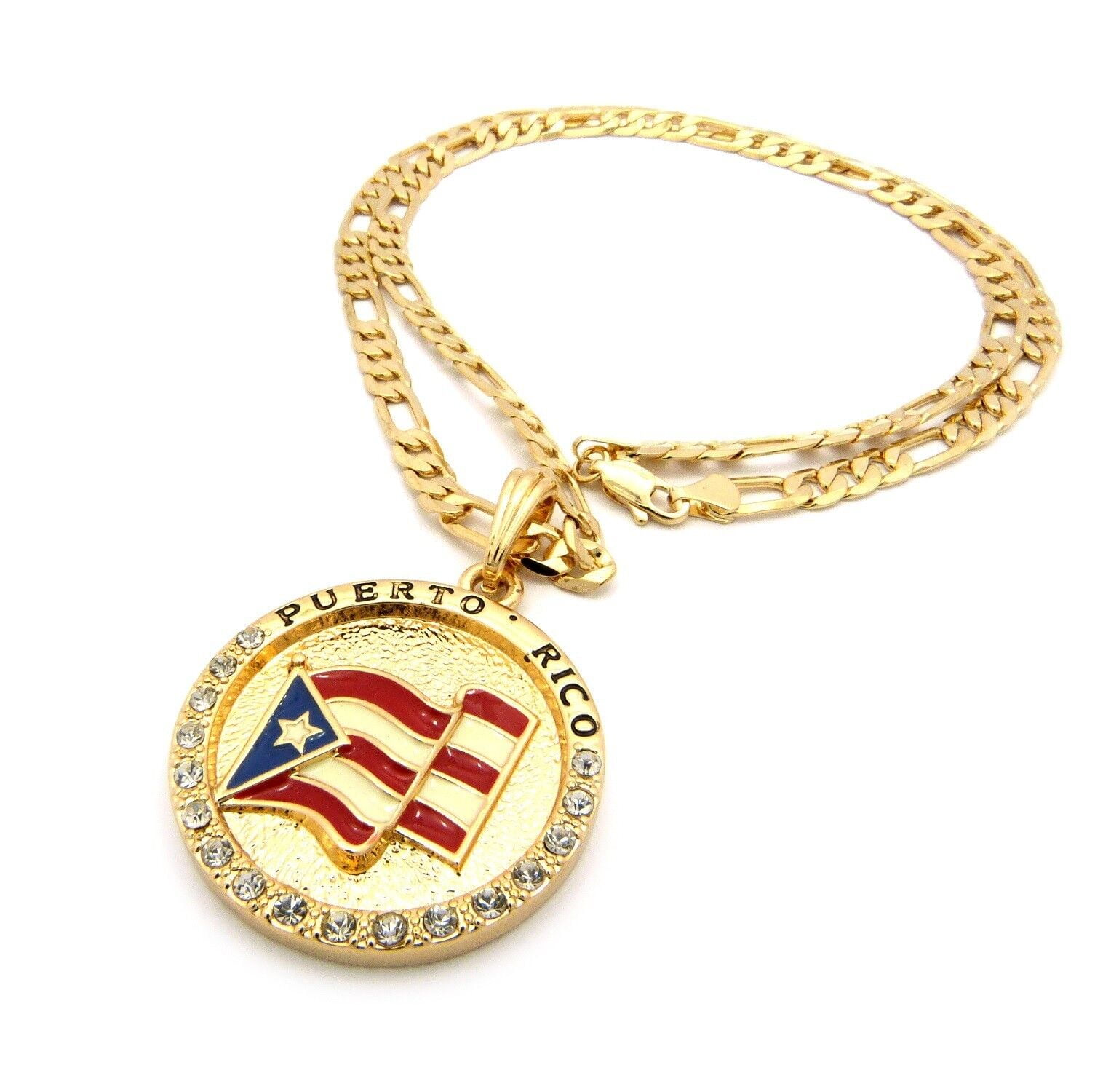 Puerto Rico Flag Medal Pendant & 5mm 24 Brass Figaro Chain Hip Hop ...