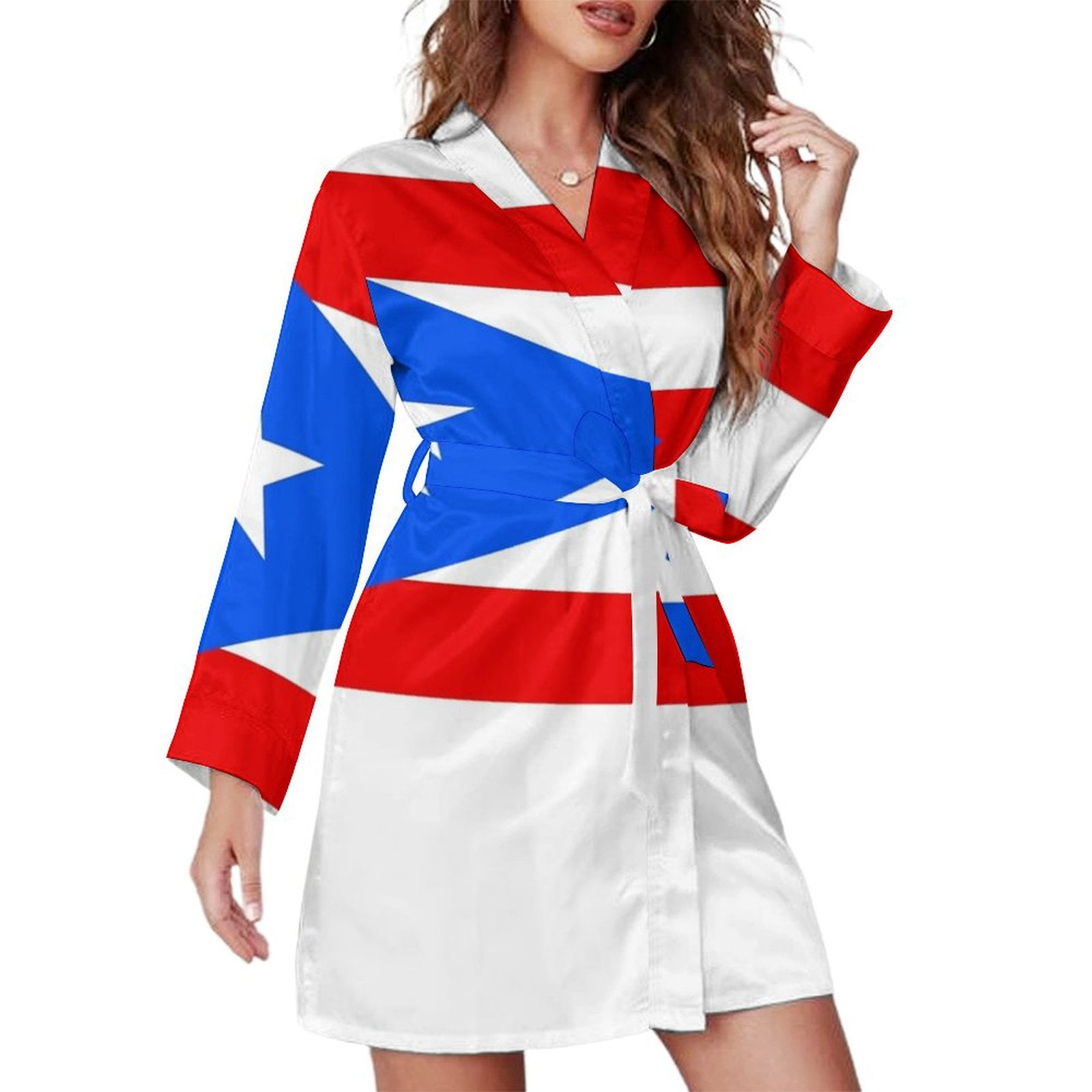 Puerto Rico Flag Night Robe Long Sleeve V Neck Robe With Belt Women's ...