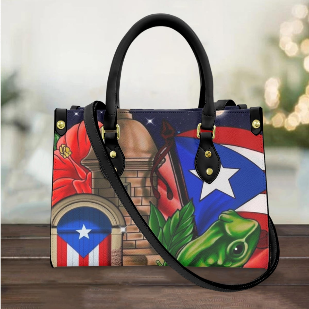 Puerto Rico Flag Printing Top Handle Handbag Long Shoulder Strap PU ...